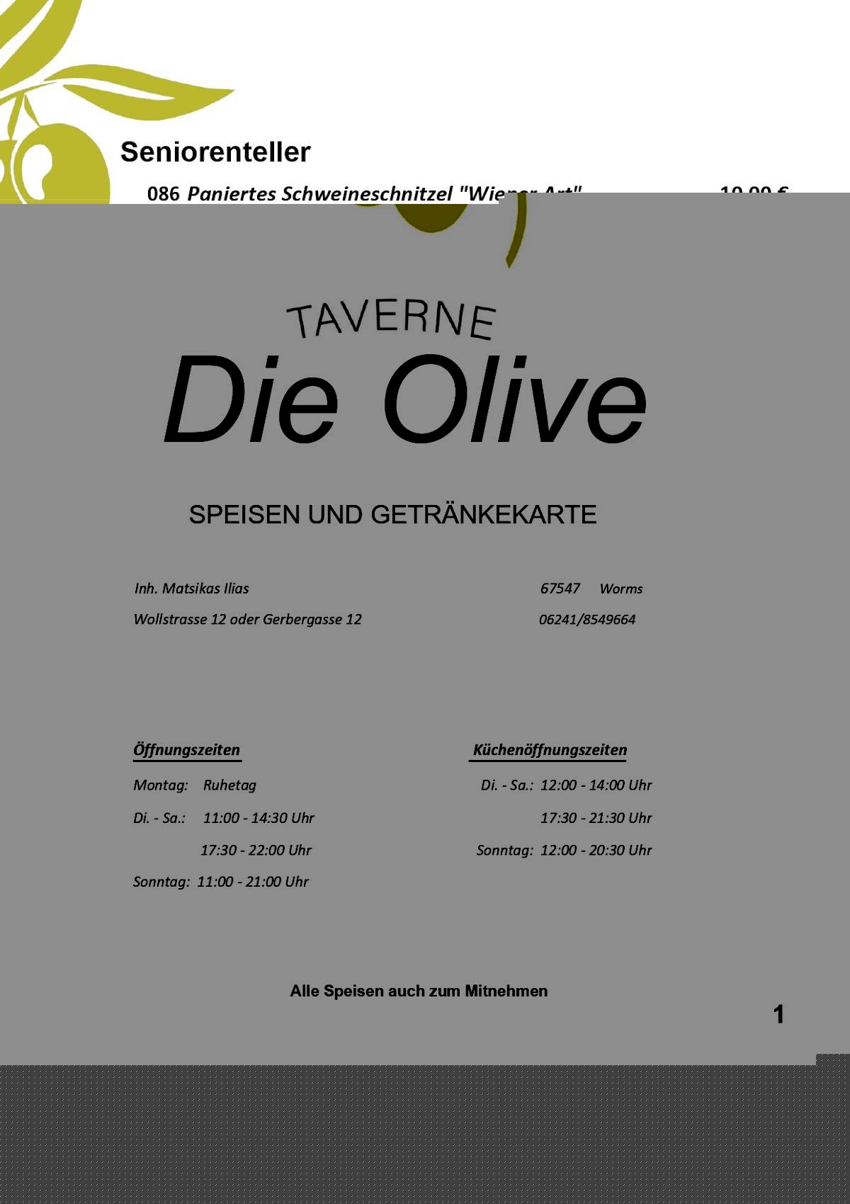 Speisekarte von Taverne Die Olive restaurant, Worms