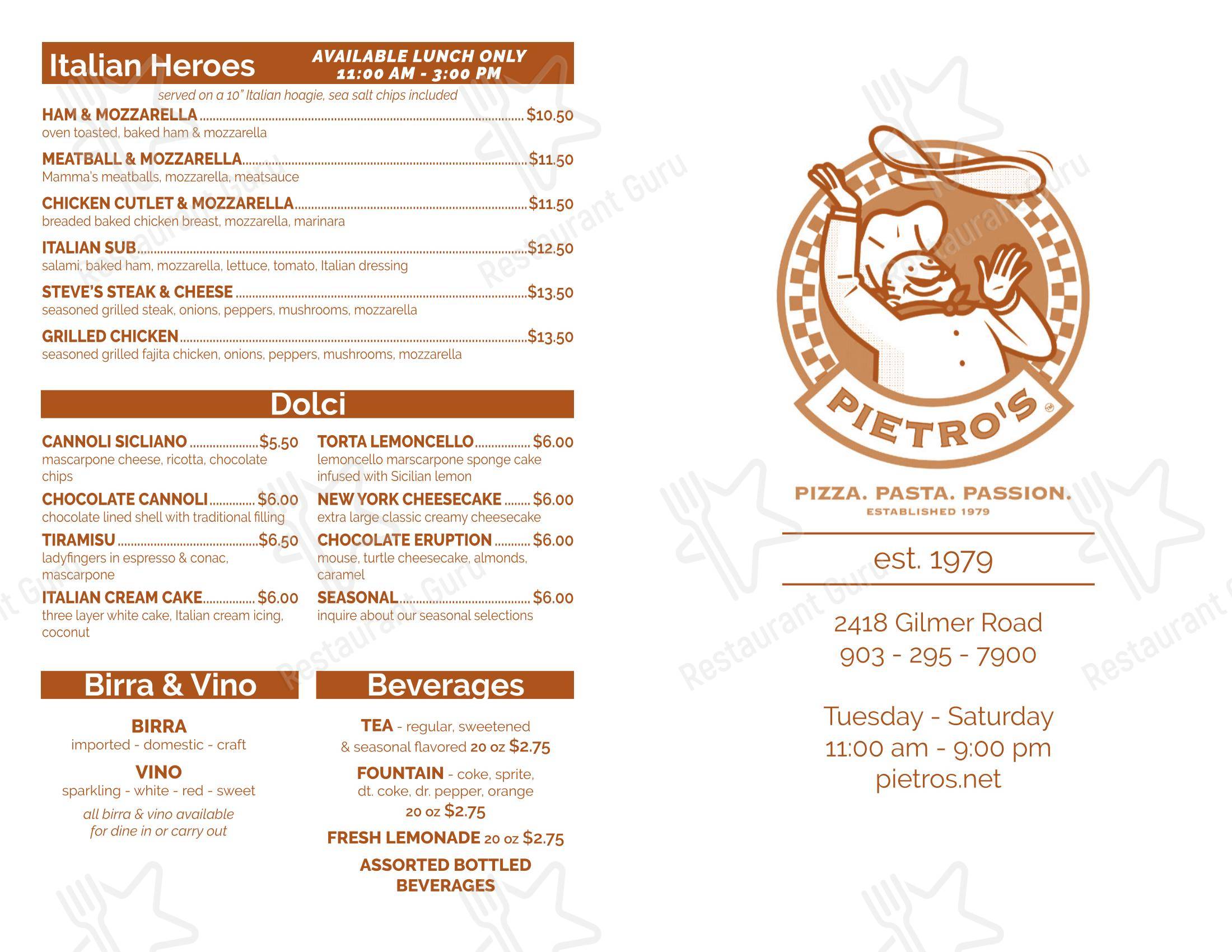Menu at Tavolo 13 restaurant, Marshall