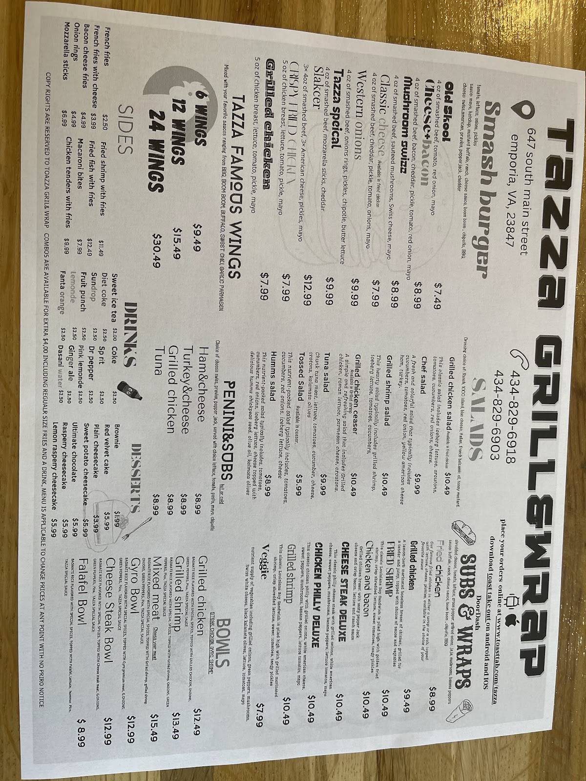 Menu at Tazza Grill restaurant, Emporia