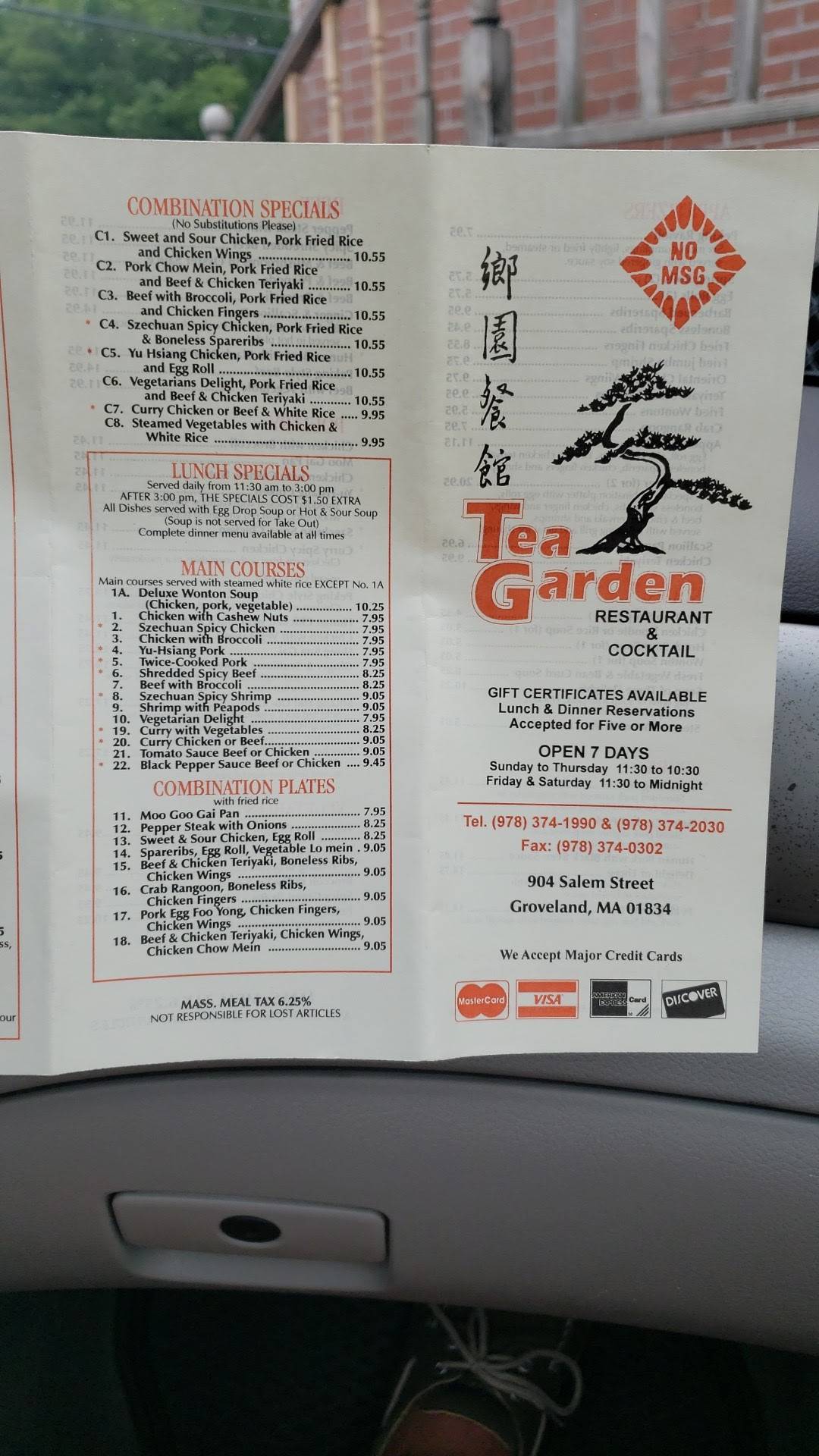 Menu at Tea Garden restaurant, Groveland