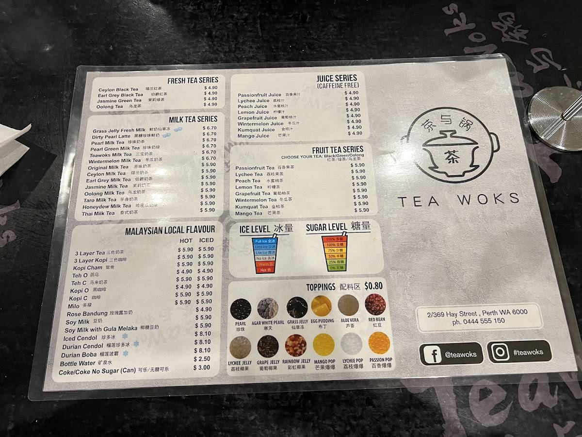 Menu at Tea Woks restaurant, Perth
