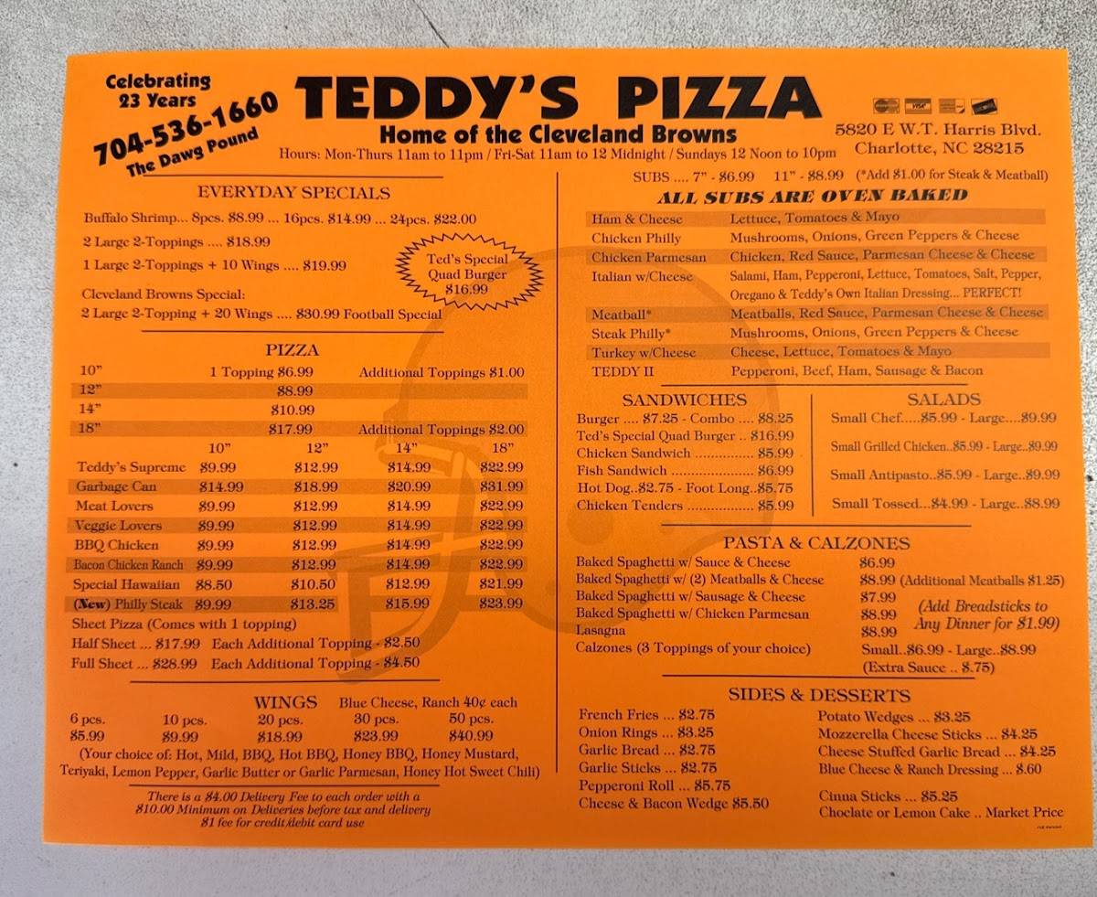 Menu at Teddy's Pizza pizzeria, Charlotte, E W.T. Harris Blvd