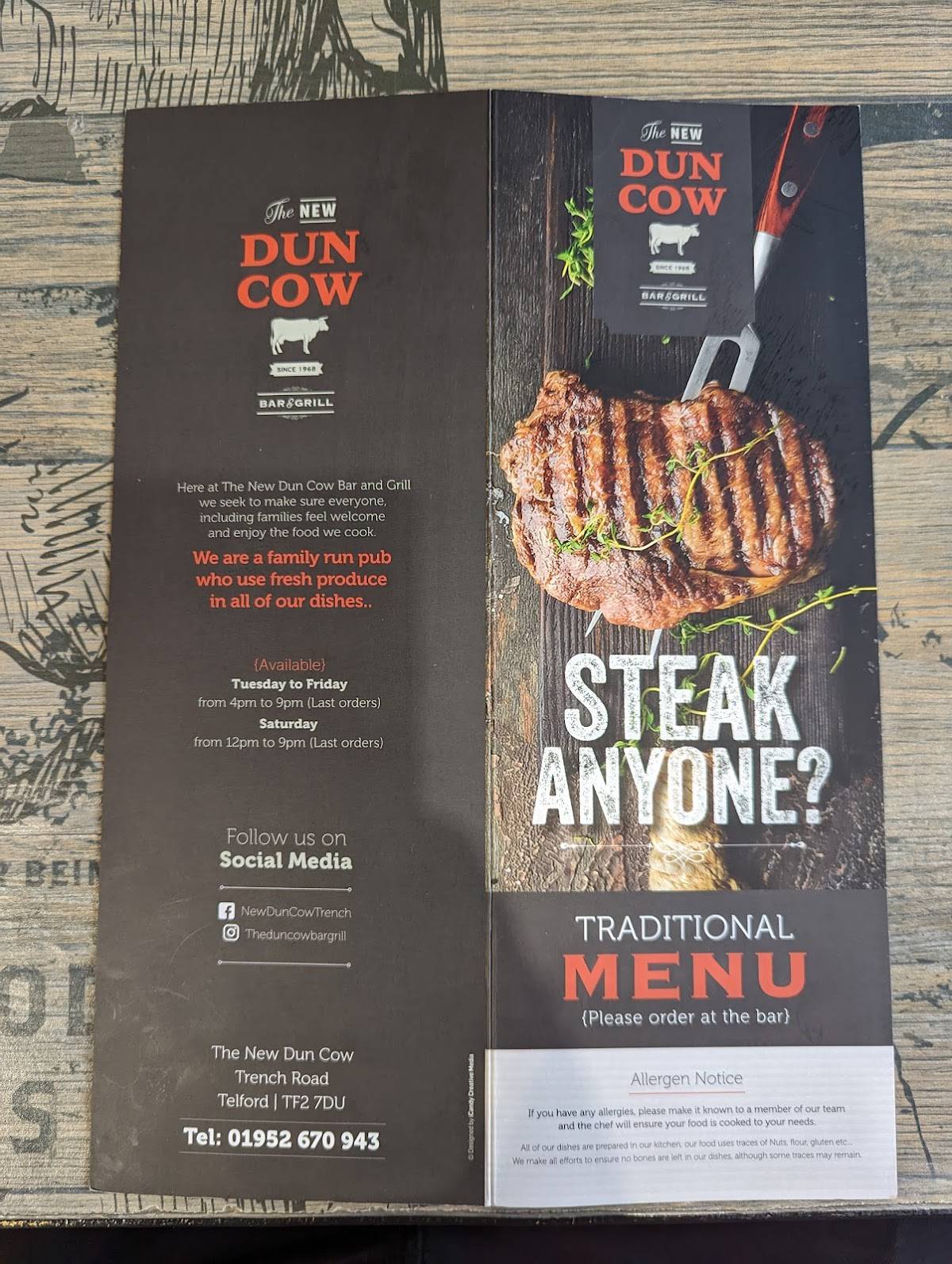 Menu at The New Dun Cow Bar & Grill, Telford