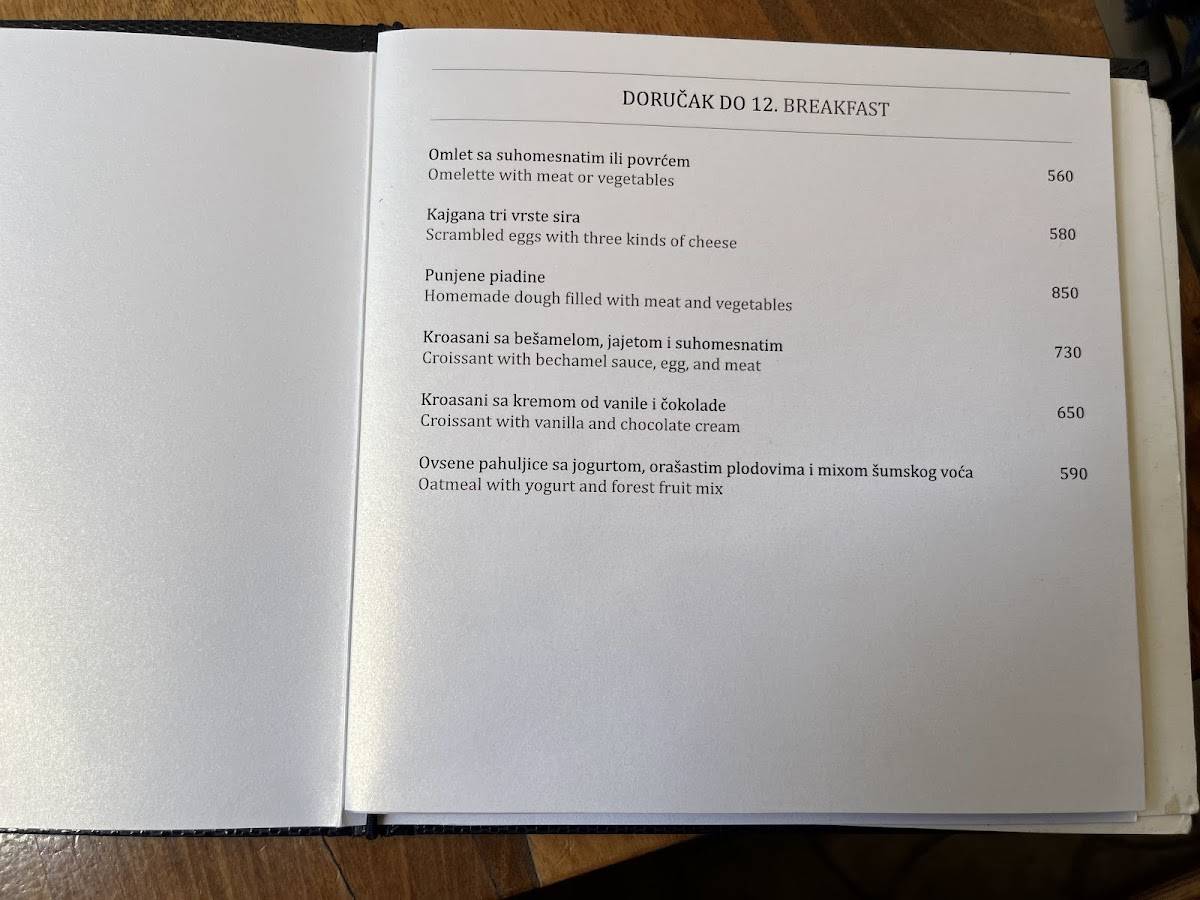 Menu at Telma restaurant, Belgrade
