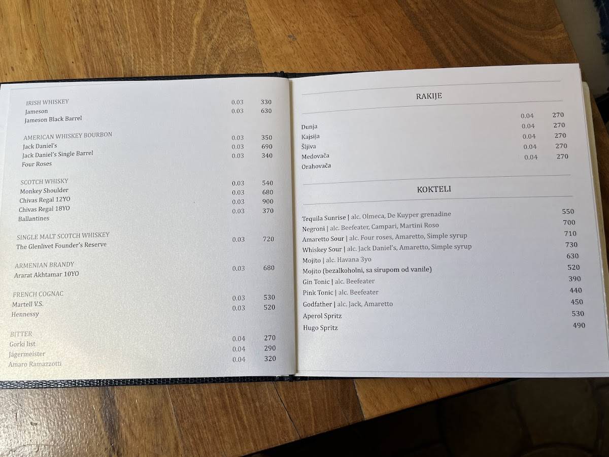 Menu at Telma restaurant, Belgrade