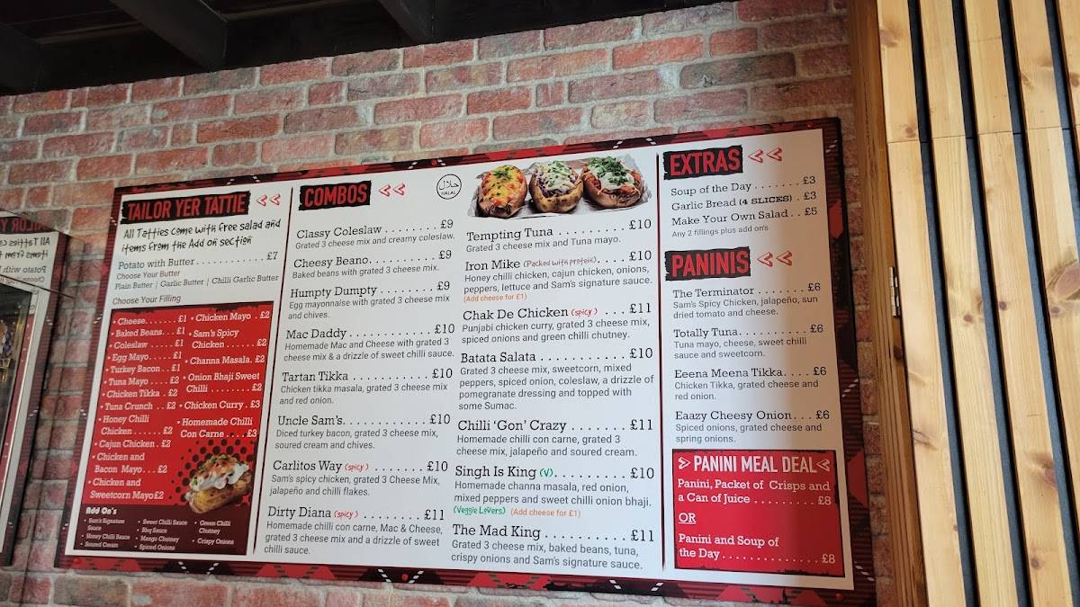 Menu at Tempting Tattie fast food, Edinburgh