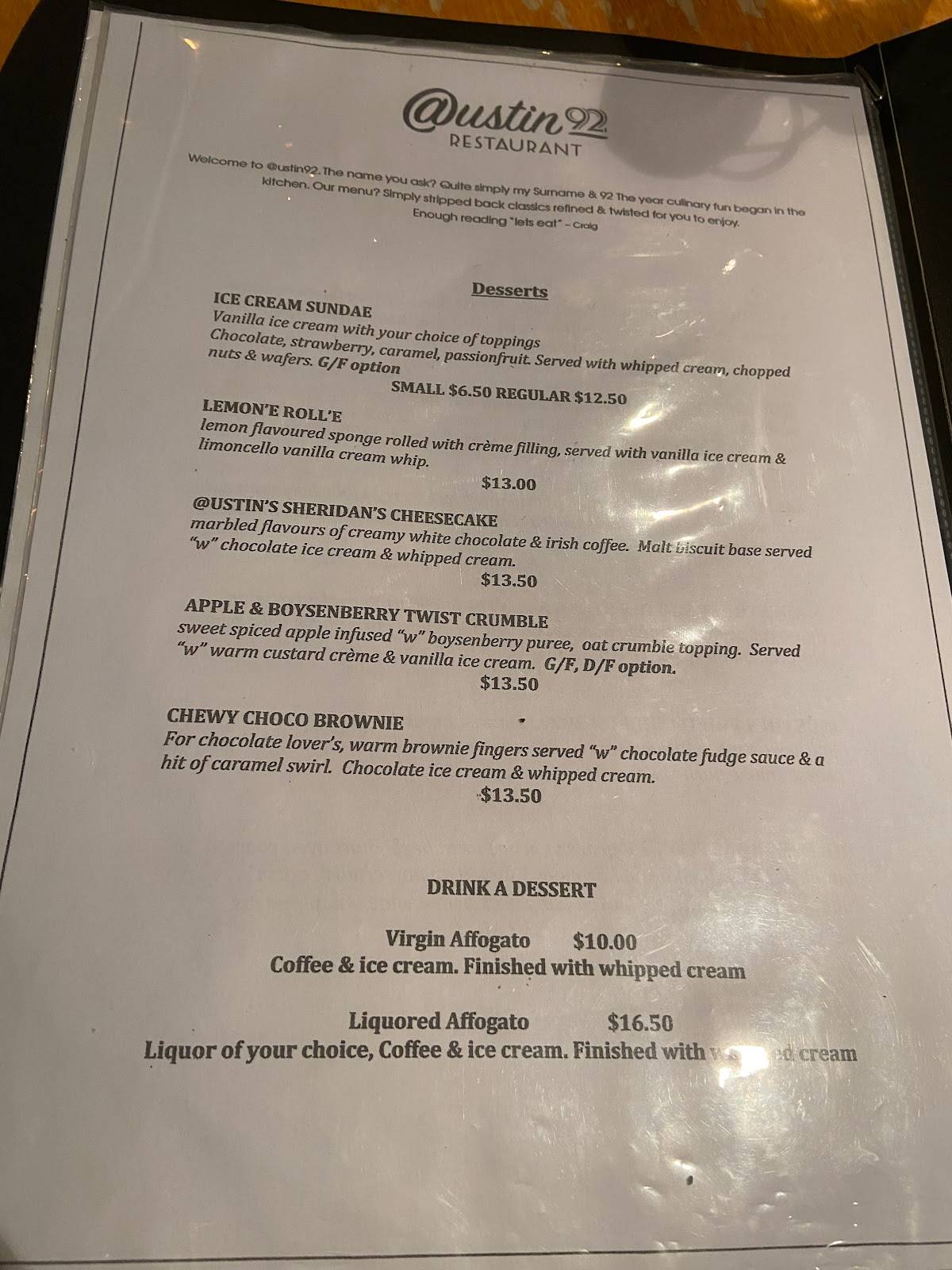 Menu at Austin 92 Restaurant, Temuka