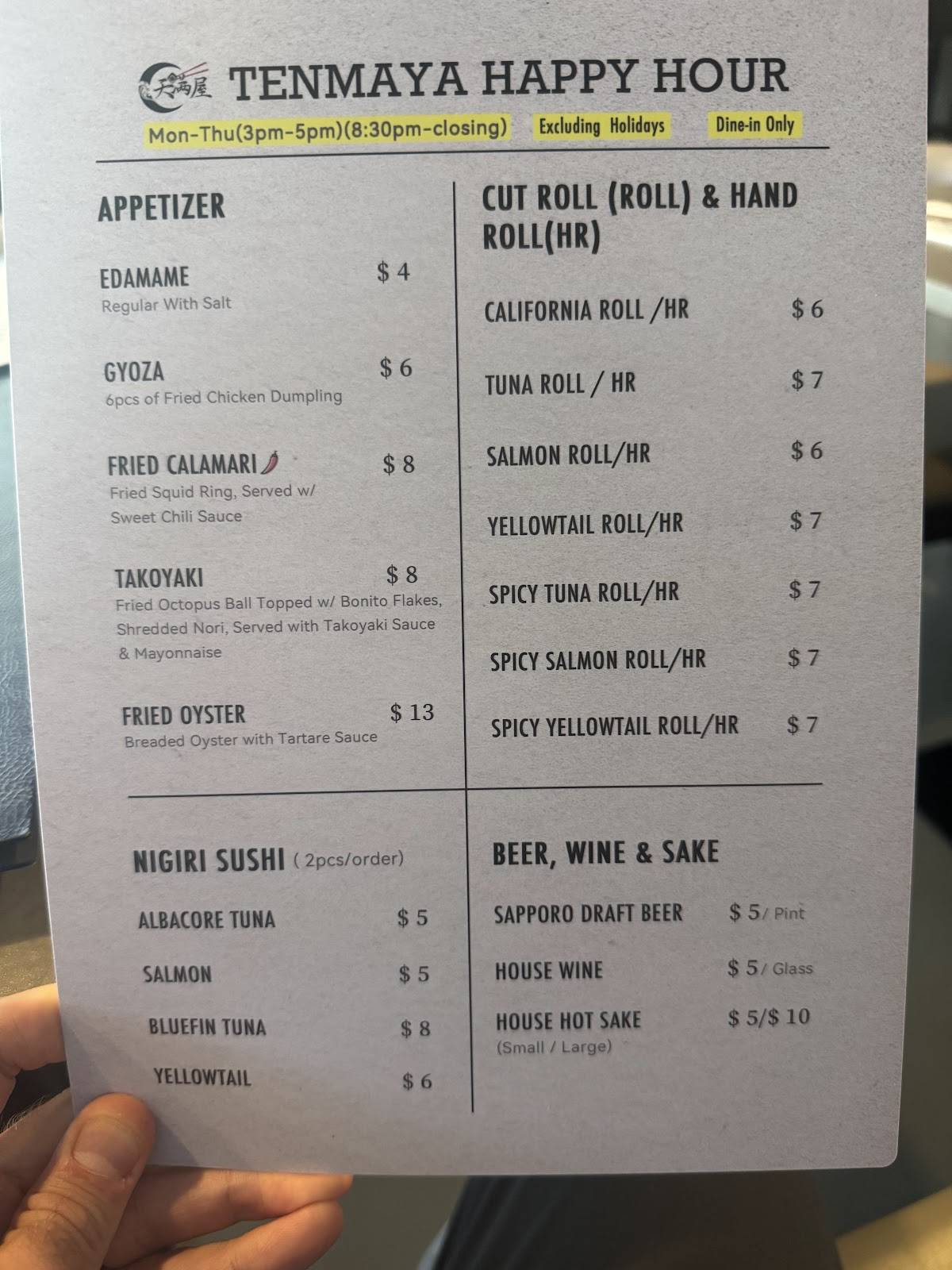 Menu at Tenmaya Japanese Restaurant, Eastvale