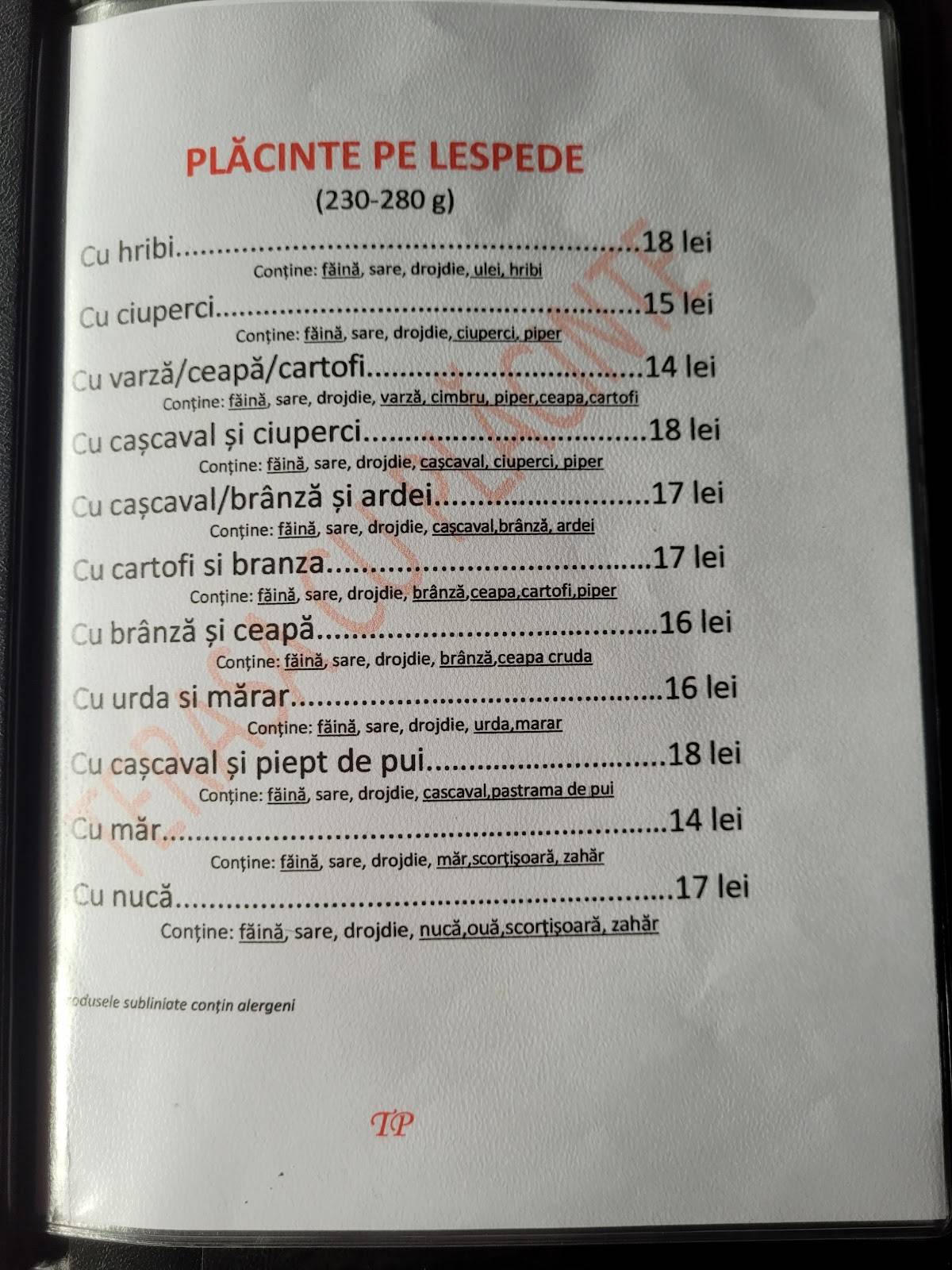 Menu at Terasa cu plăcinte și Cazare, Mărtinie