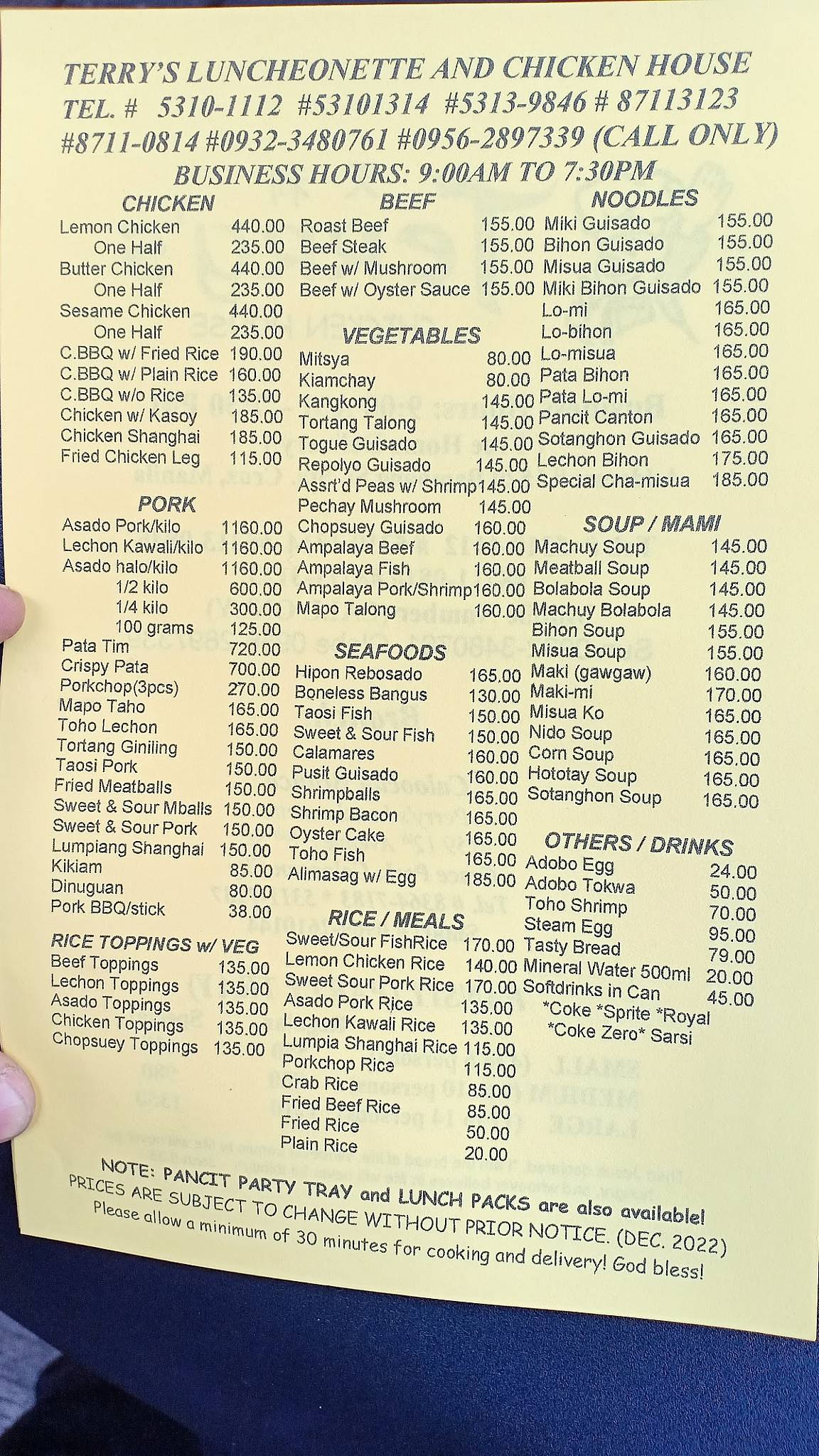 Menu at Terry's Chicken House restaurant, Manila, Bambang St