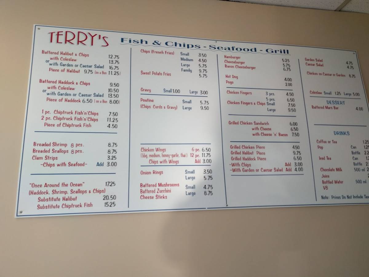 Menu at Terry's Fish & Chips Seafood Grill restaurant, Lindsay