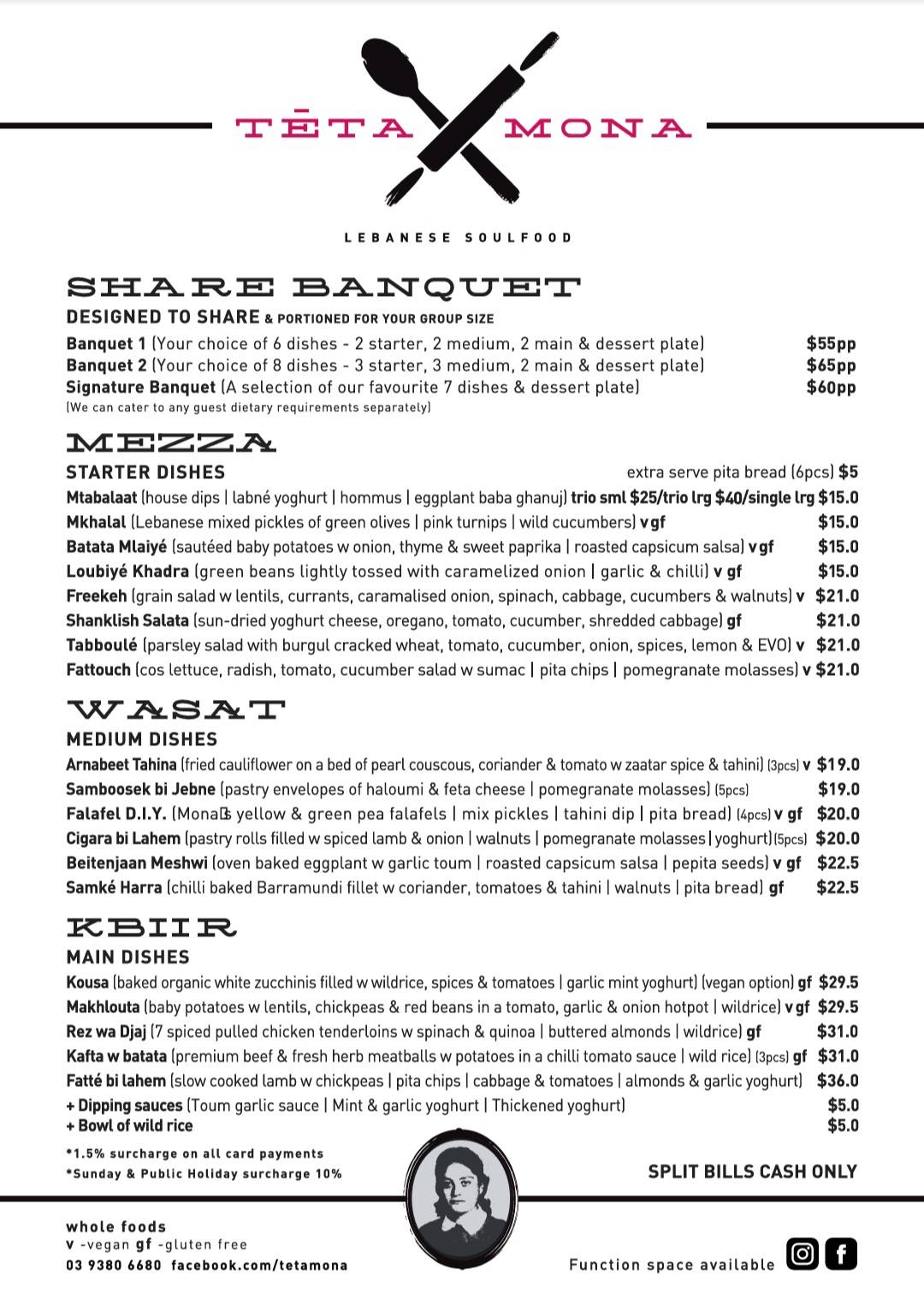 Menu at Tèta Mona restaurant, Brunswick East