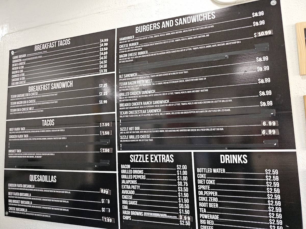 Menu at Texan Sizzle restaurant, San Antonio