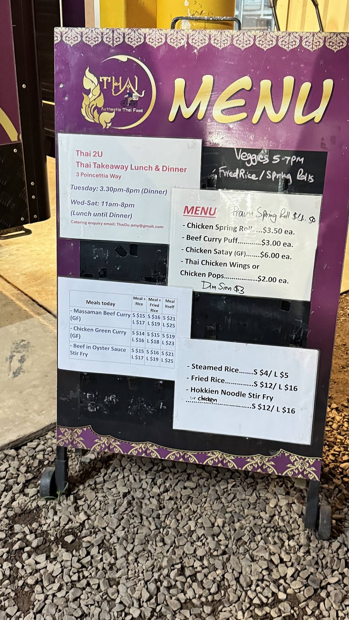 Menu at Thai 2 U restaurant, Kununurra