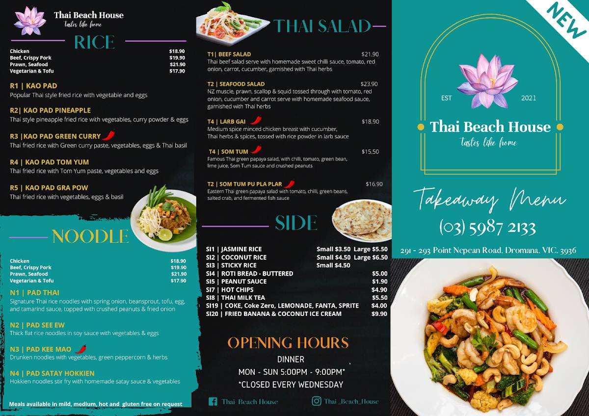 Menu at Thai Beach House restaurant, Dromana