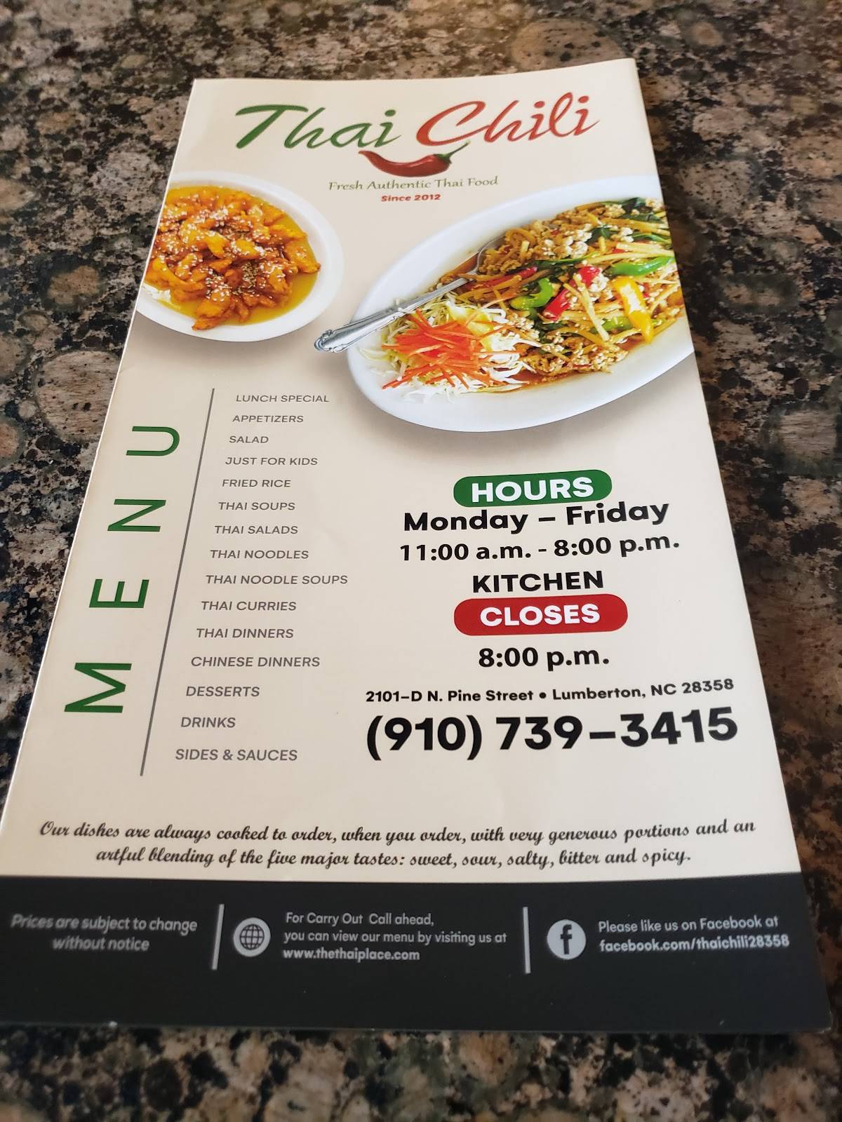 Menu at Thai Chili restaurant, Lumberton, D N Pine St