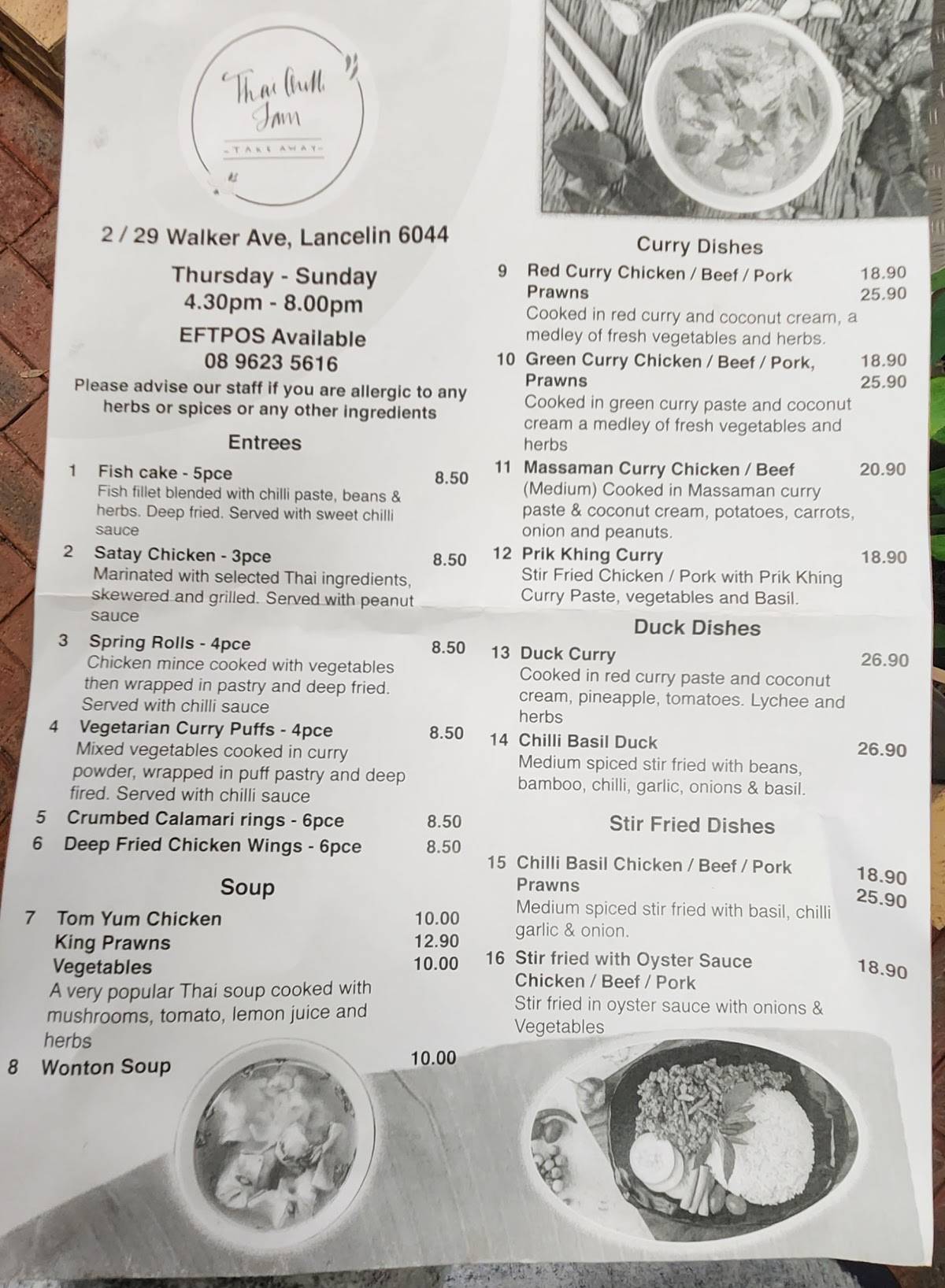 Menu at Thai Chilli Jam restaurant, Lancelin