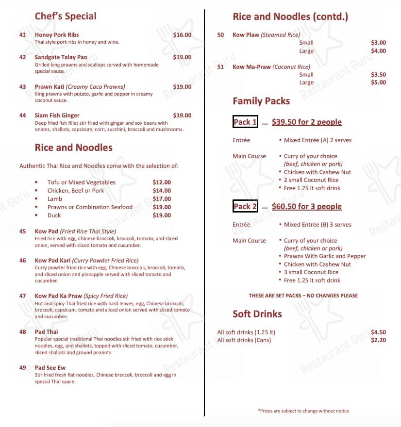 Menu at Thai Sandgate Restaurant, Sandgate