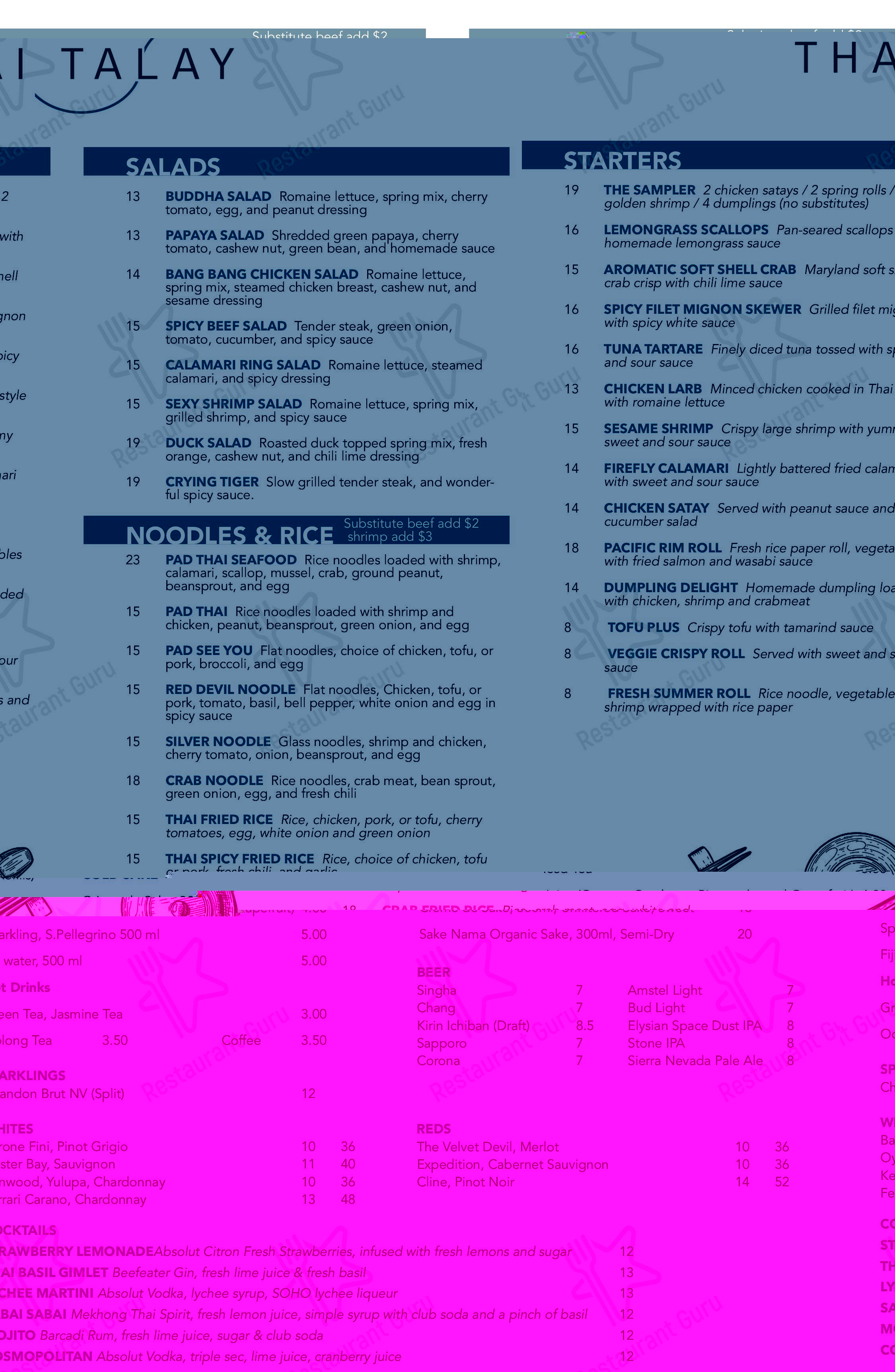 Menu at Thai Talay Restaurant, Pismo Beach