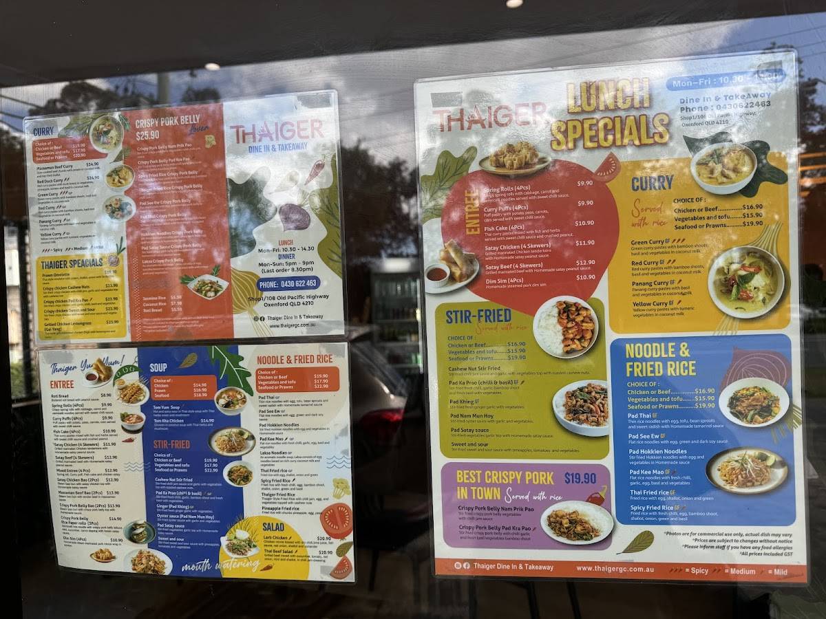 Menu at Thaiger Dine In & Takeaway restaurant, Oxenford