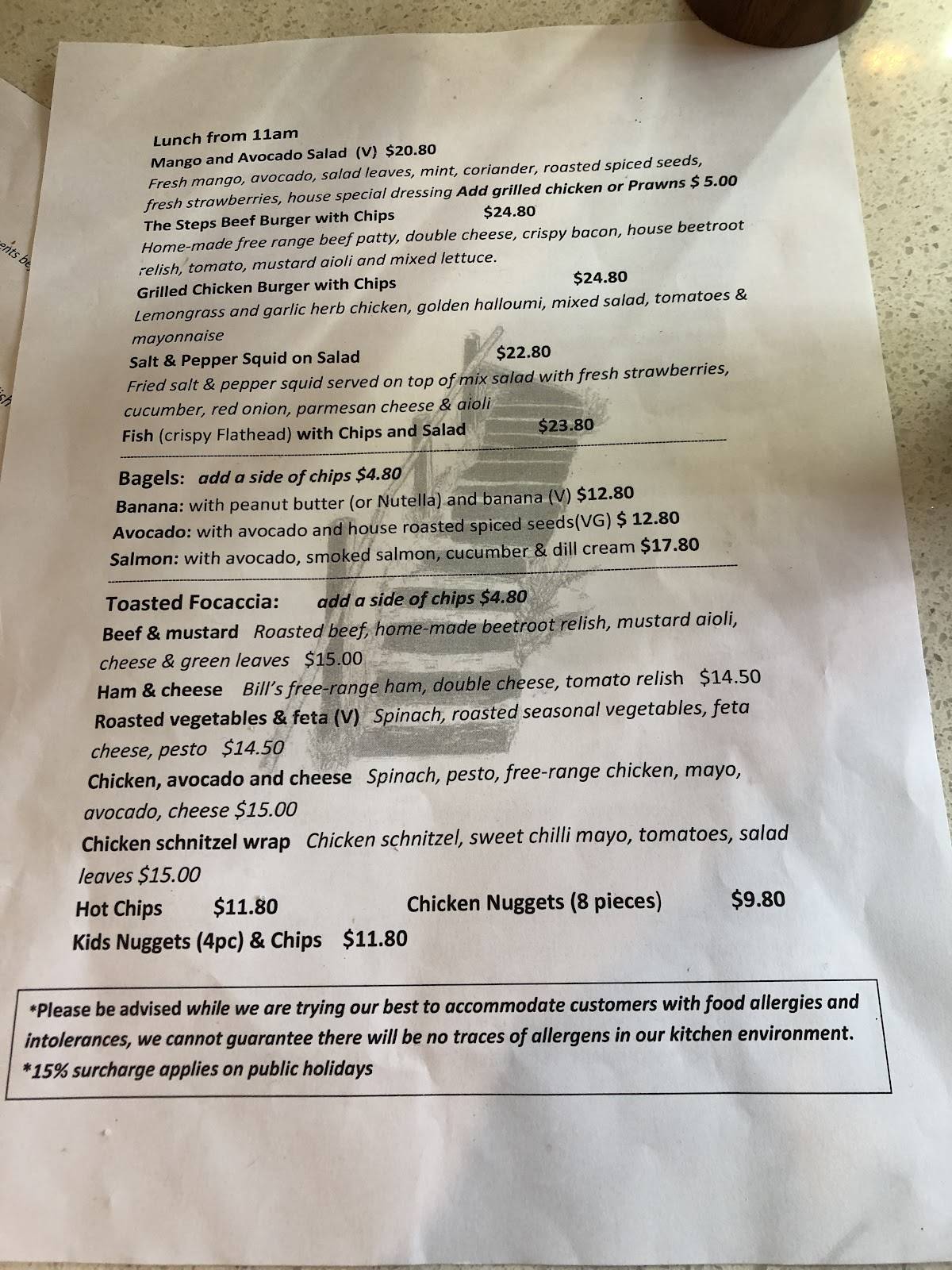 Menu at The 1000 Steps Cafe, Upper Ferntree Gully