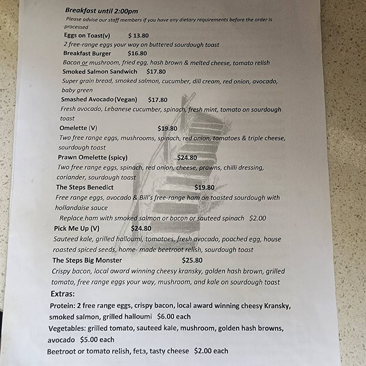 Menu at The 1000 Steps Cafe, Belgrave