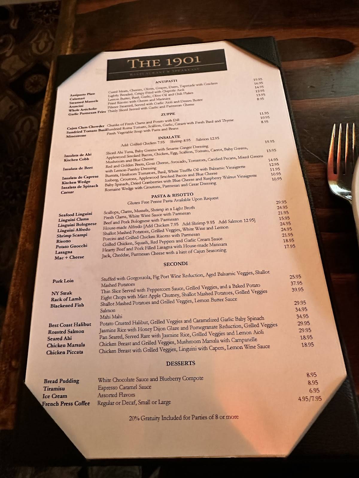 Menu at The 1901 restaurant, Oxnard