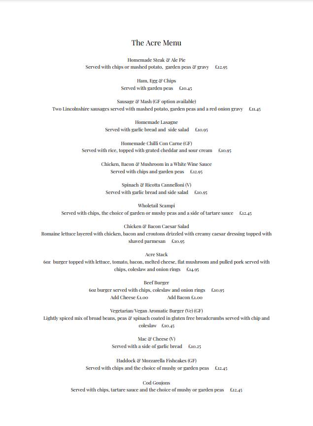 Menu at The Acre Pub, March