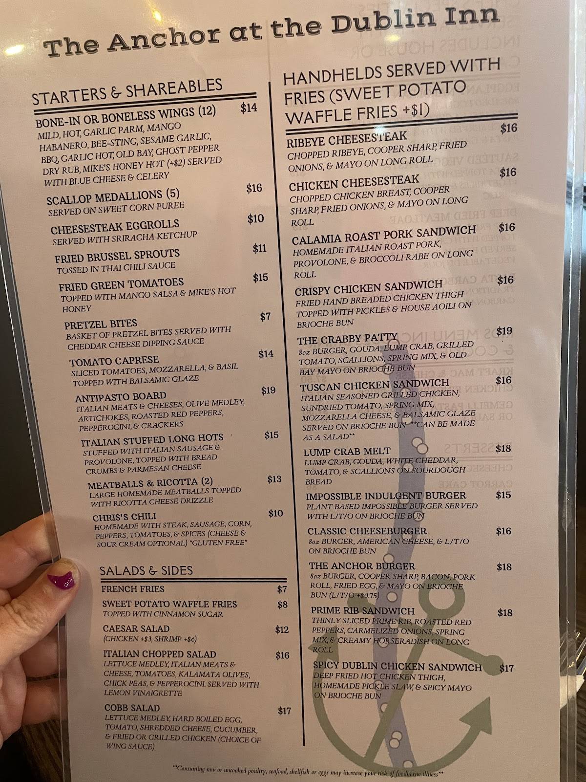 Menu at The Anchor at The Dublin Inn restaurant, Dublin
