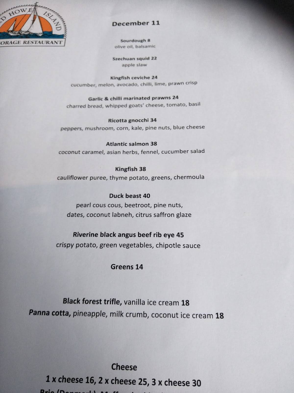 Menu at The Anchorage restaurant, Lord Howe Island