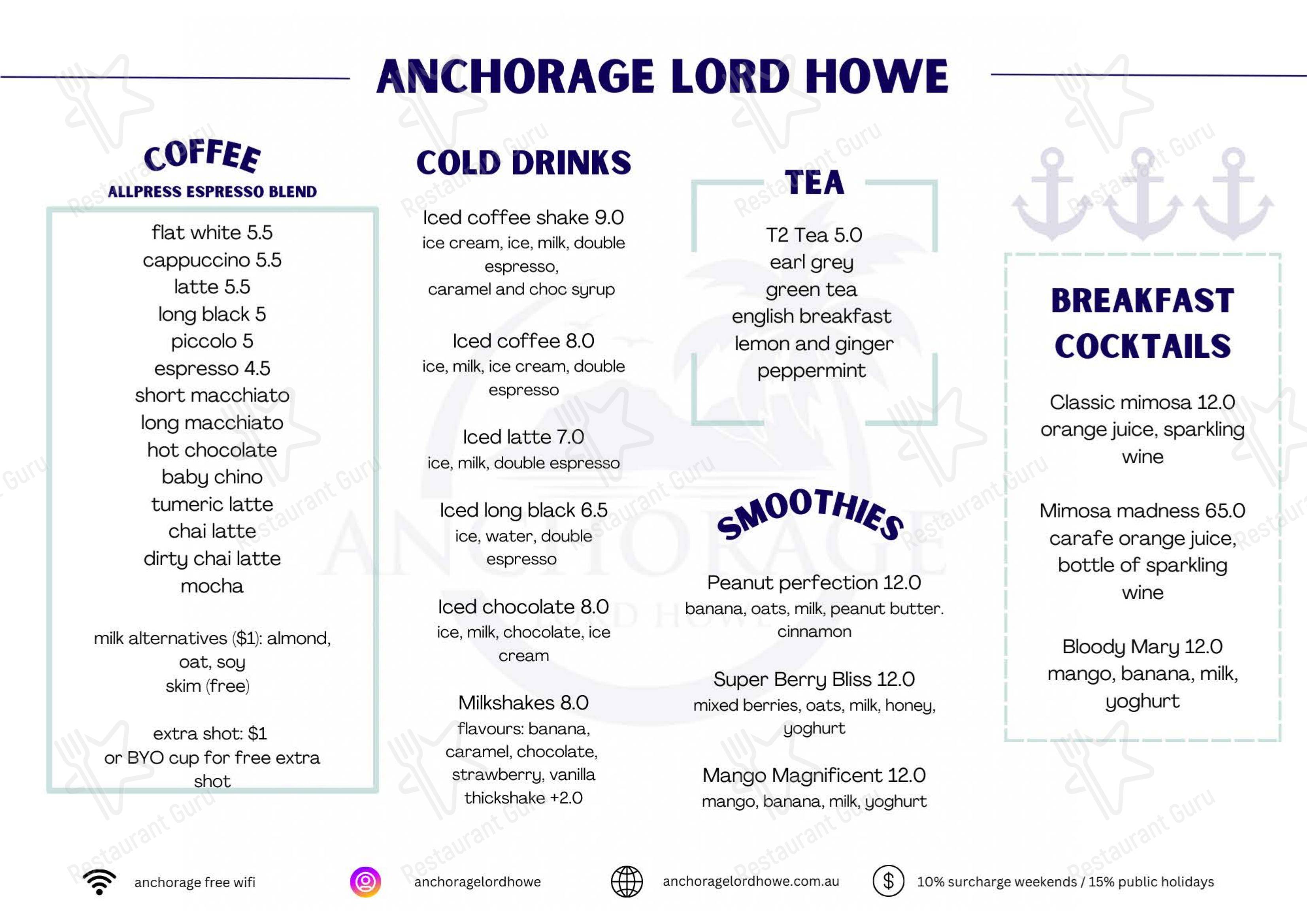 Menu at The Anchorage restaurant, Lord Howe Island