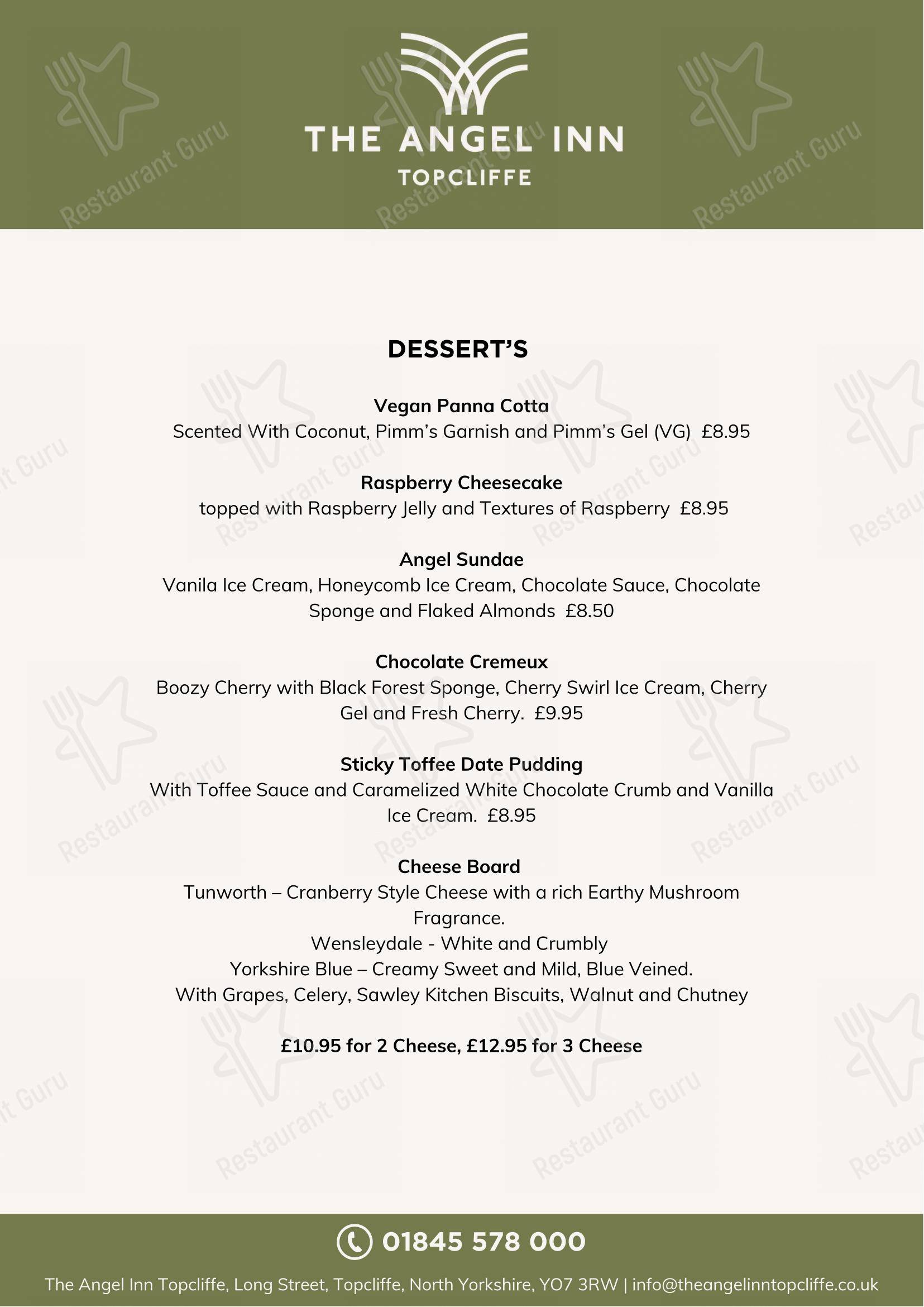 Menu at The Angel Inn at Topcliffe pub & bar, Topcliffe