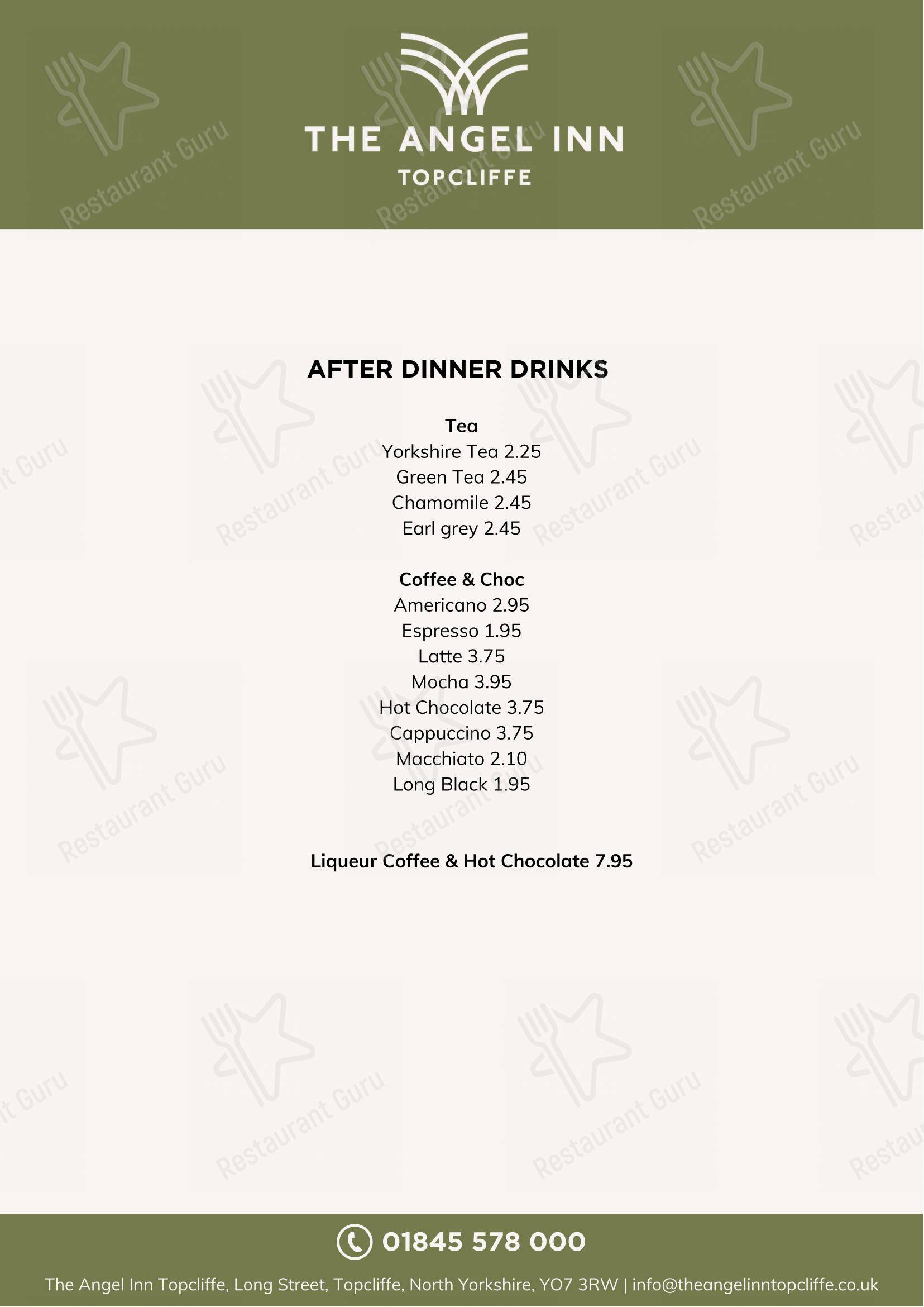 Menu at The Angel Inn at Topcliffe pub & bar, Topcliffe