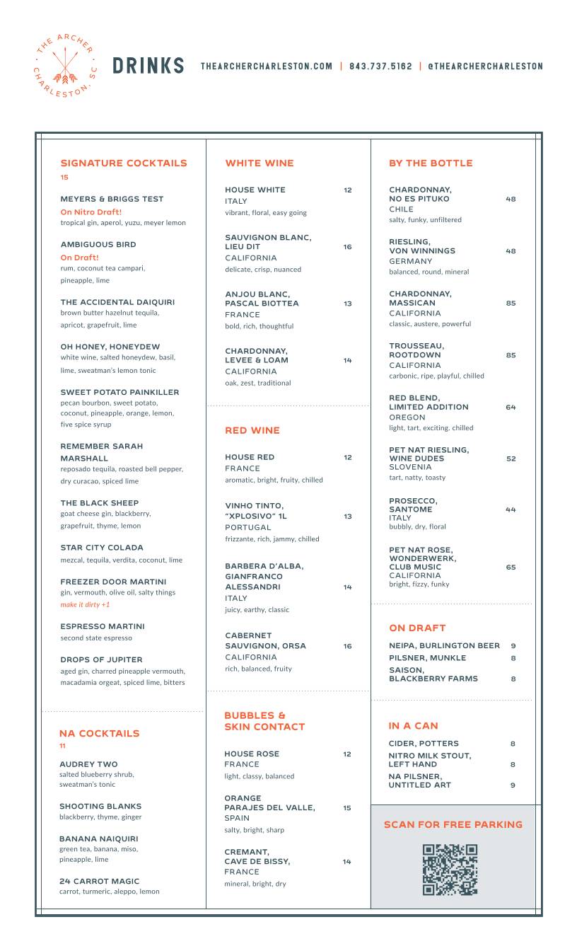 Menu at The Archer pub & bar, Charleston
