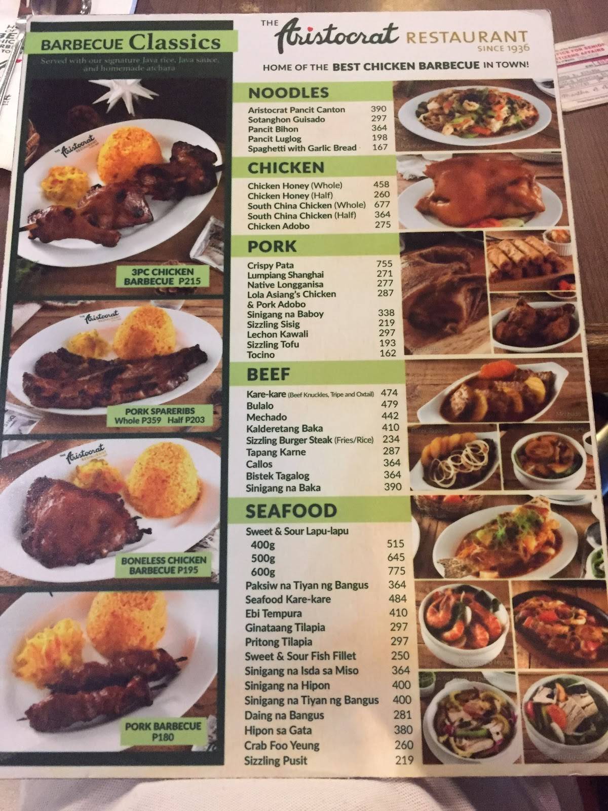 Menu at The Aristocrat Restaurant, Manila, 1004 San Andres St