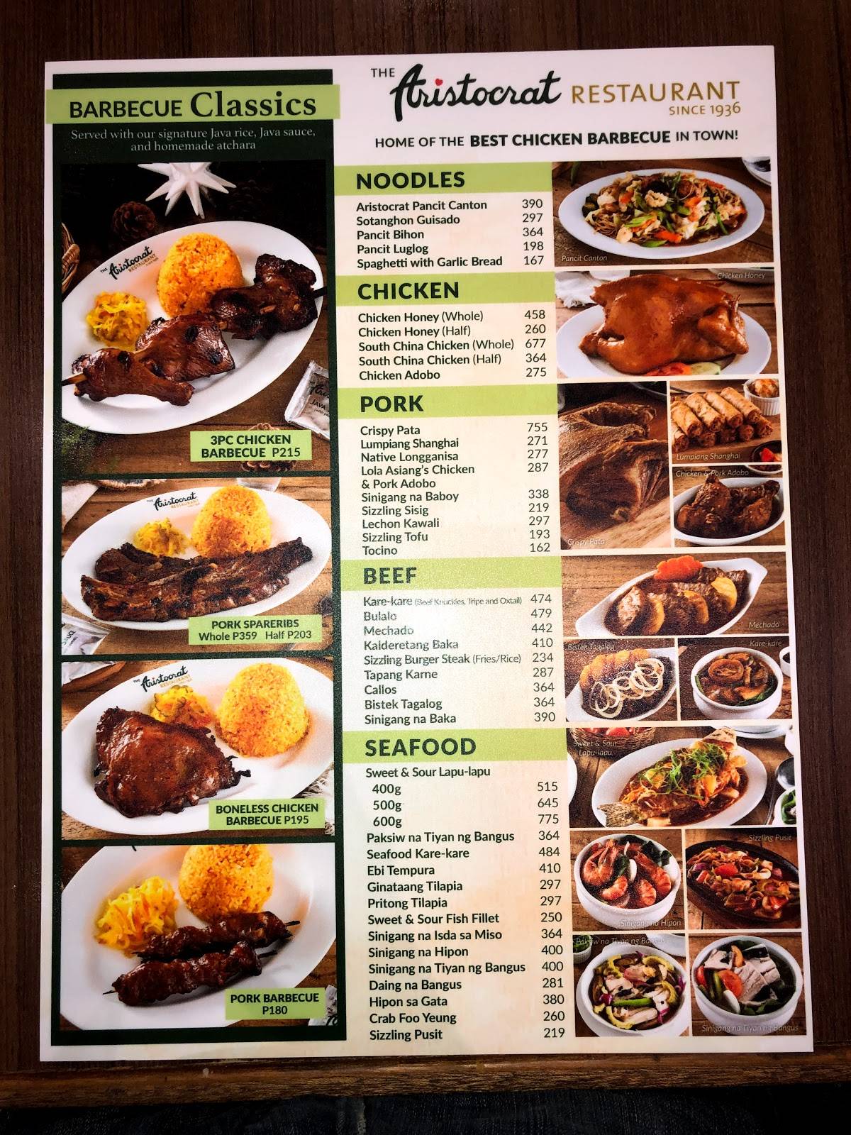 Menu at The Aristocrat Restaurant, Manila, 1004 San Andres St