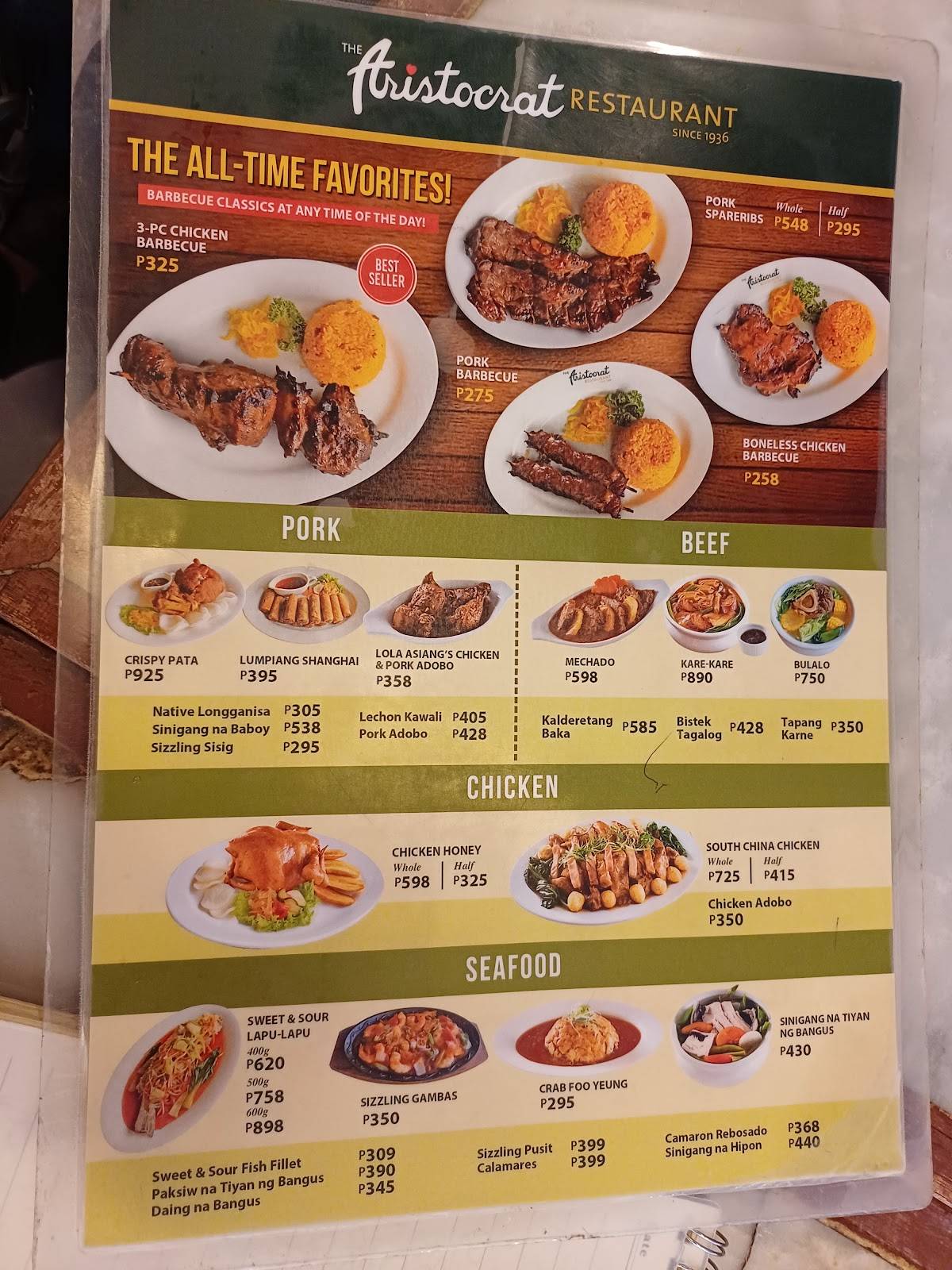 Menu at The Aristocrat Restaurant, Manila, 1004 San Andres St