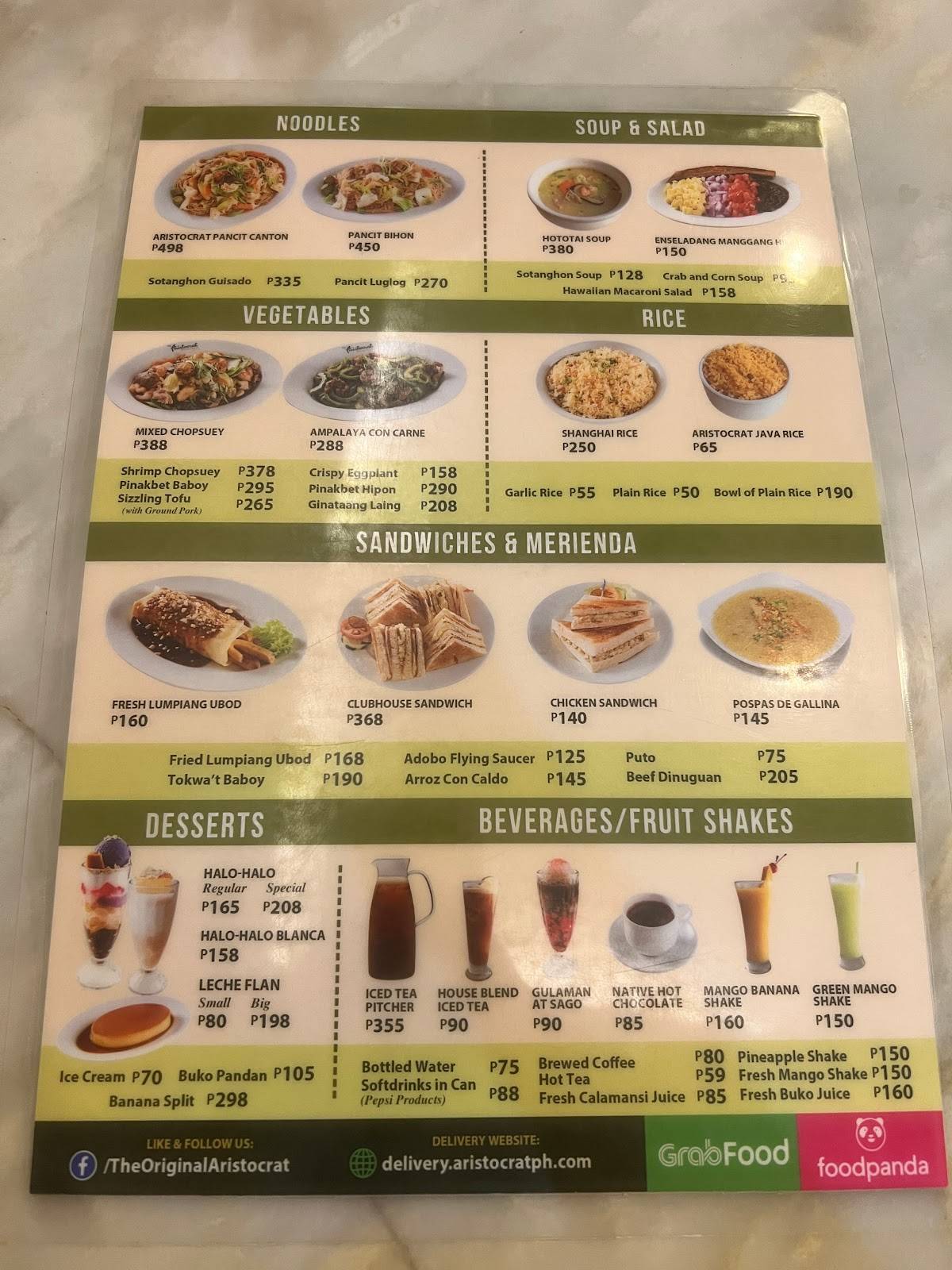Menu at The Aristocrat Restaurant, Manila, 1004 San Andres St