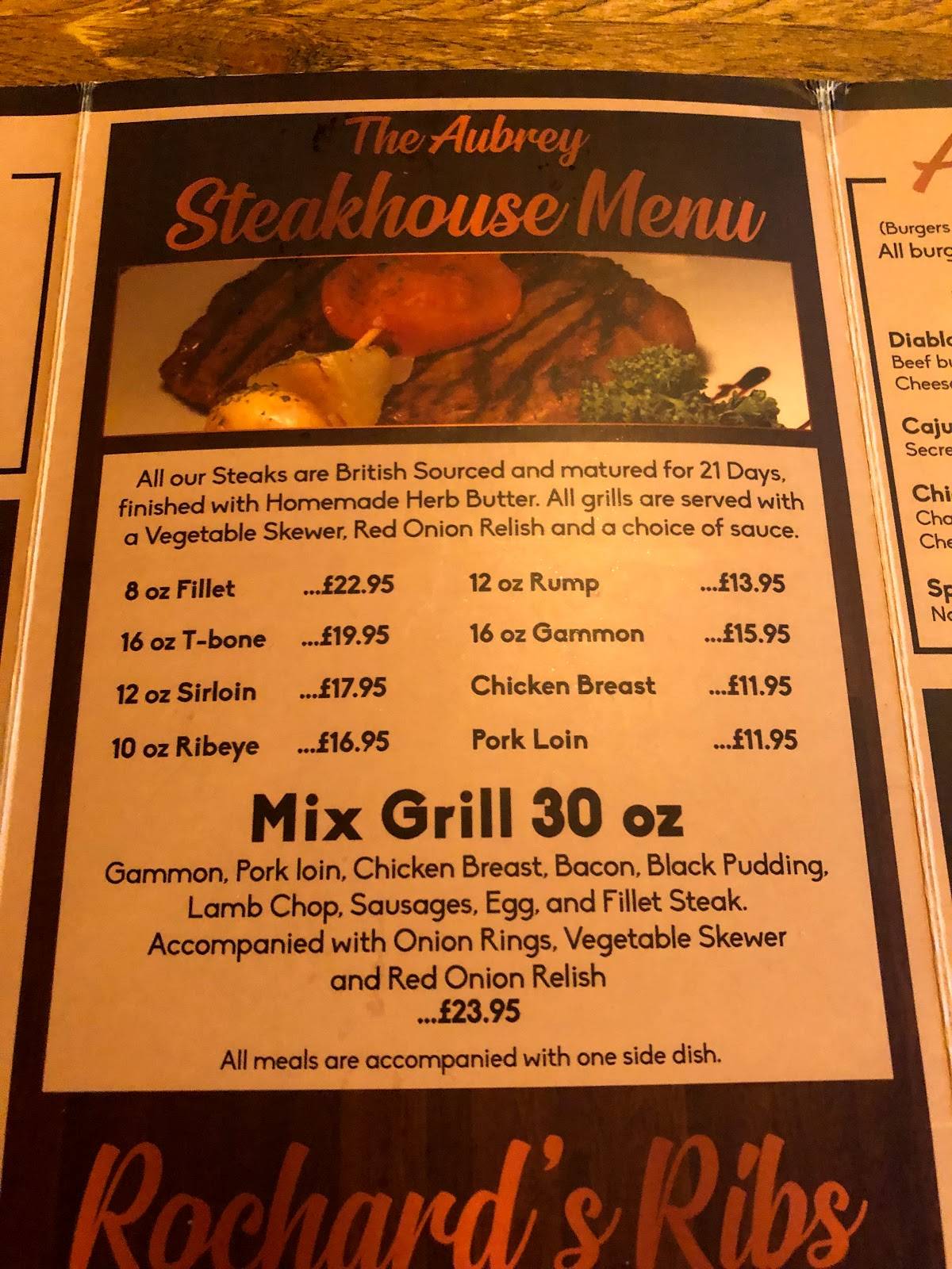 Menu at The Aubrey Arms restaurant, Ystalyfera