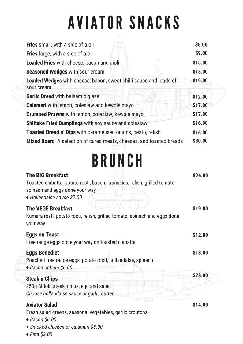 Menu at The Aviator Experience restaurant, Thames