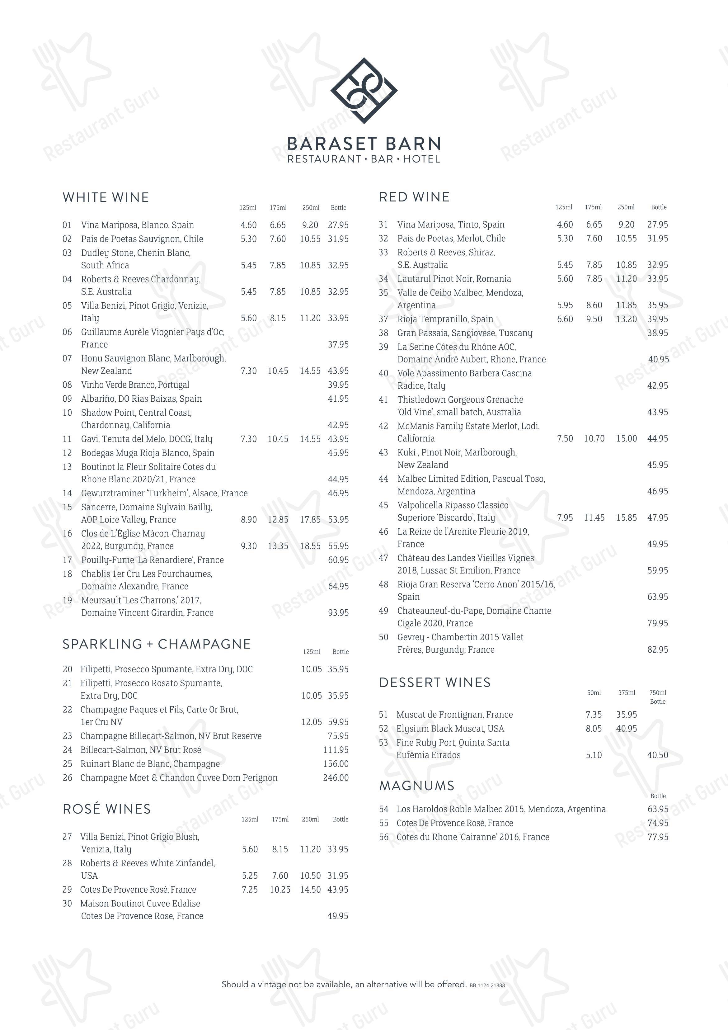 Menu at The Baraset Barn, Stratford-upon-Avon, Pimlico Ln