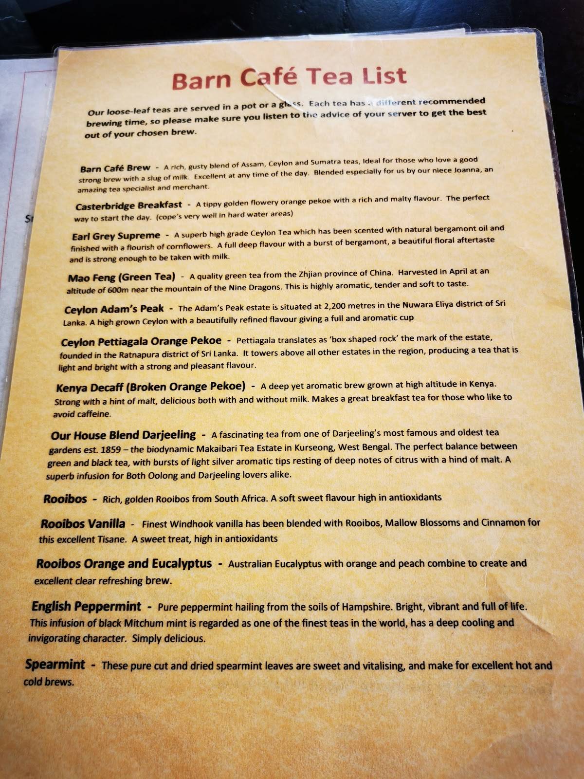 Menu at The Barn Cafe Dorset, Lytchett Minster