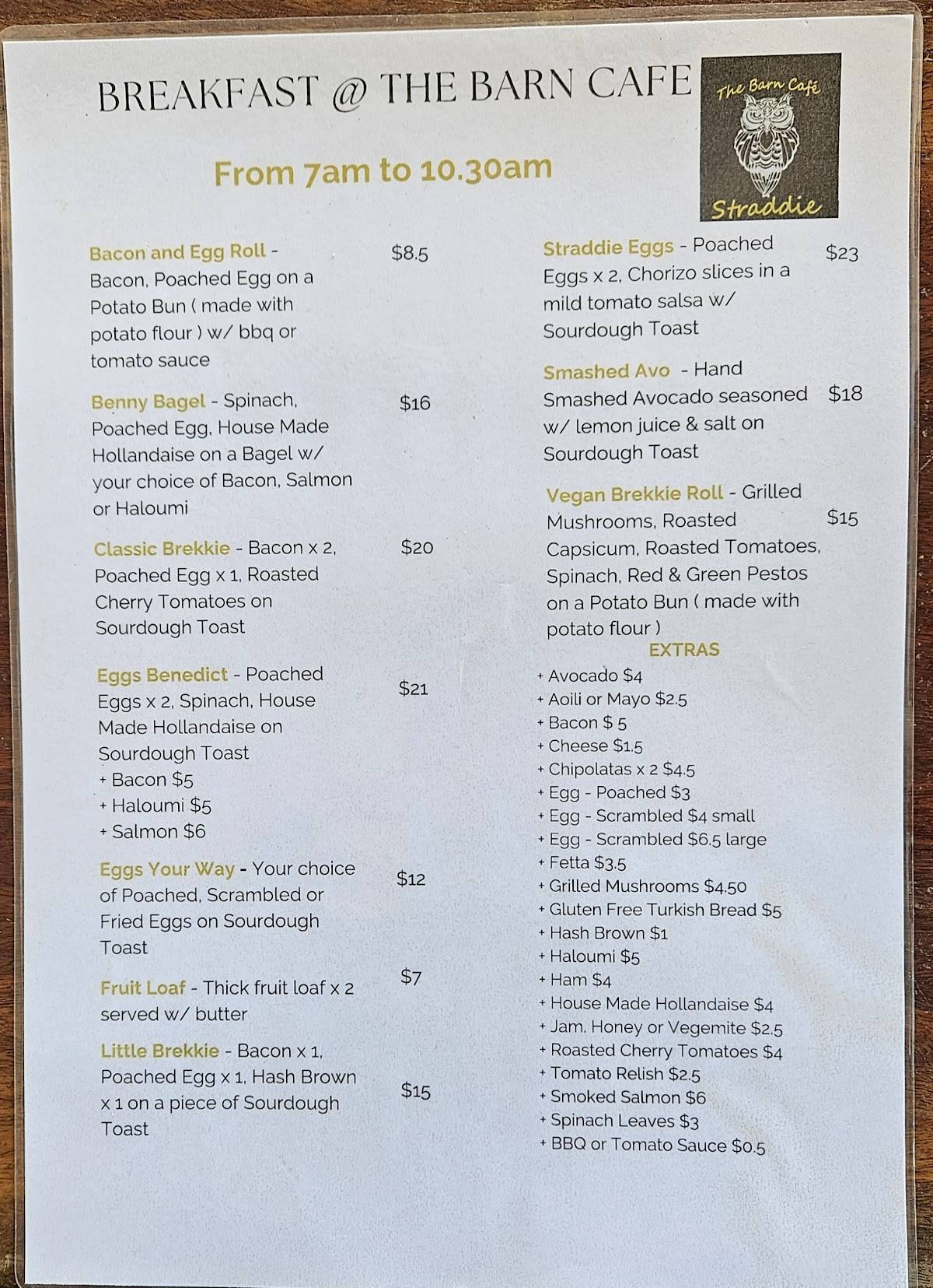 Menu at The Barn Cafe, Dunwich