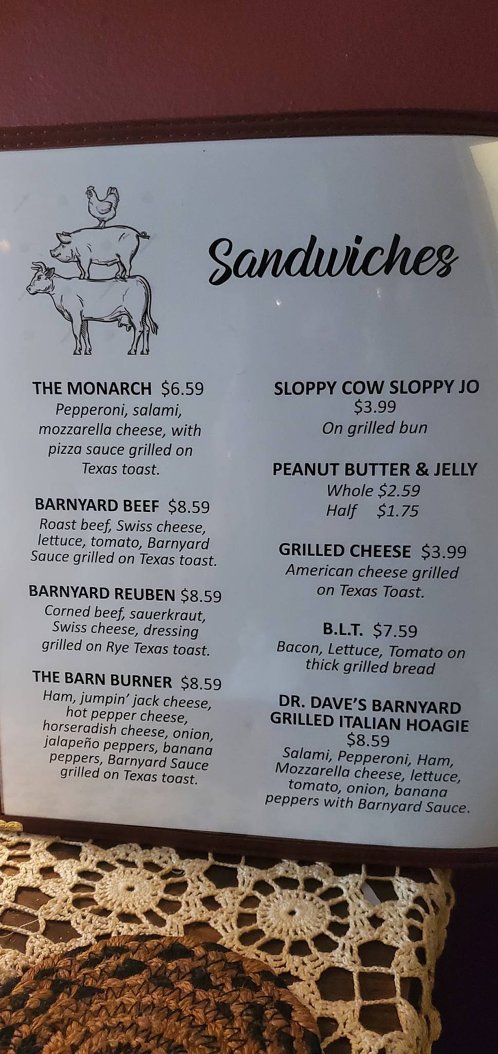 Menu at The Barnyard Deli and More, Moundsville