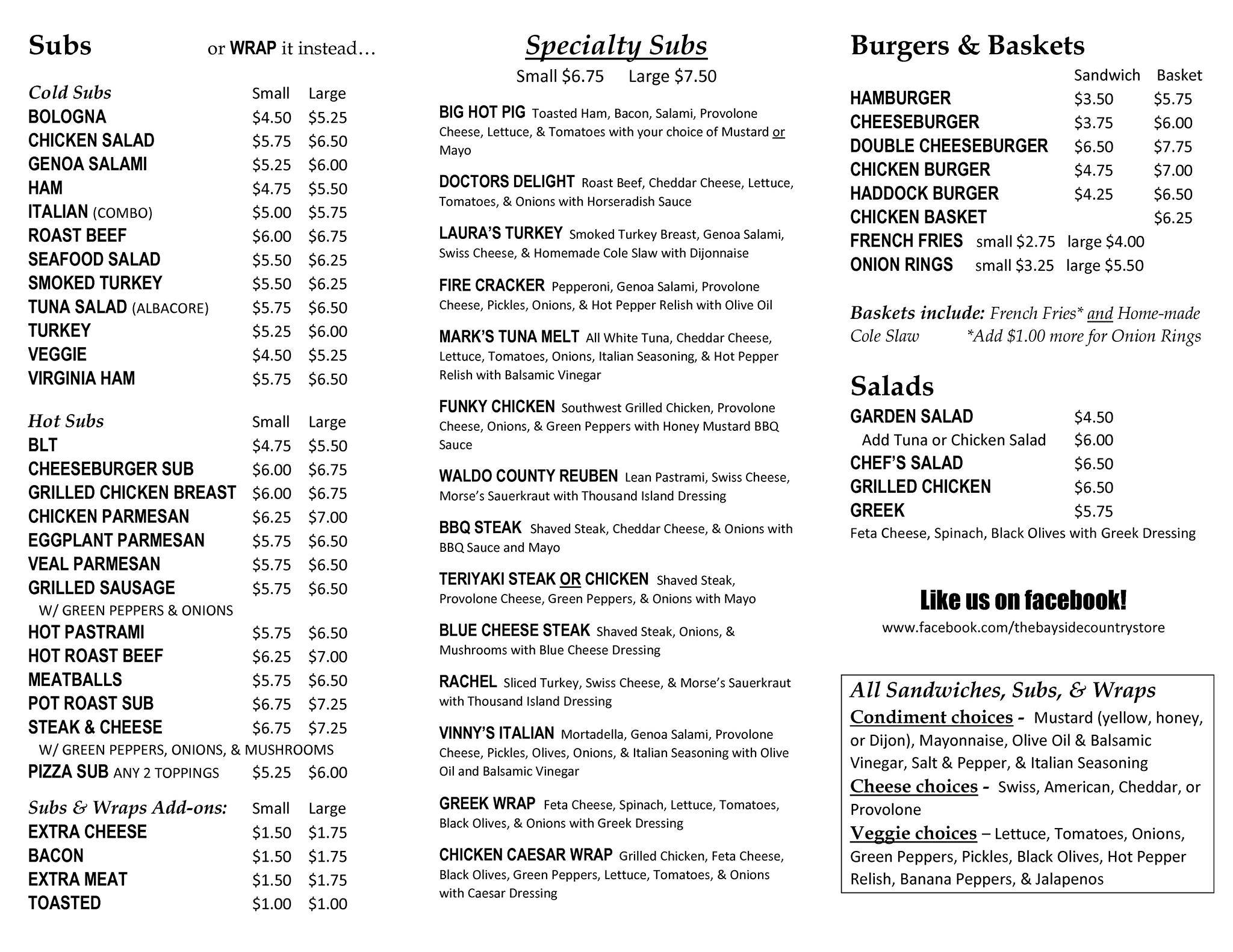Menu at The Bayside Store pizzeria, Northport, Atlantic Hwy