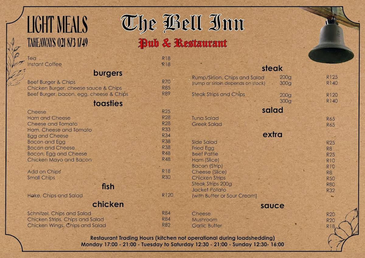 Menu at The Bell Inn restaurant, Wellington