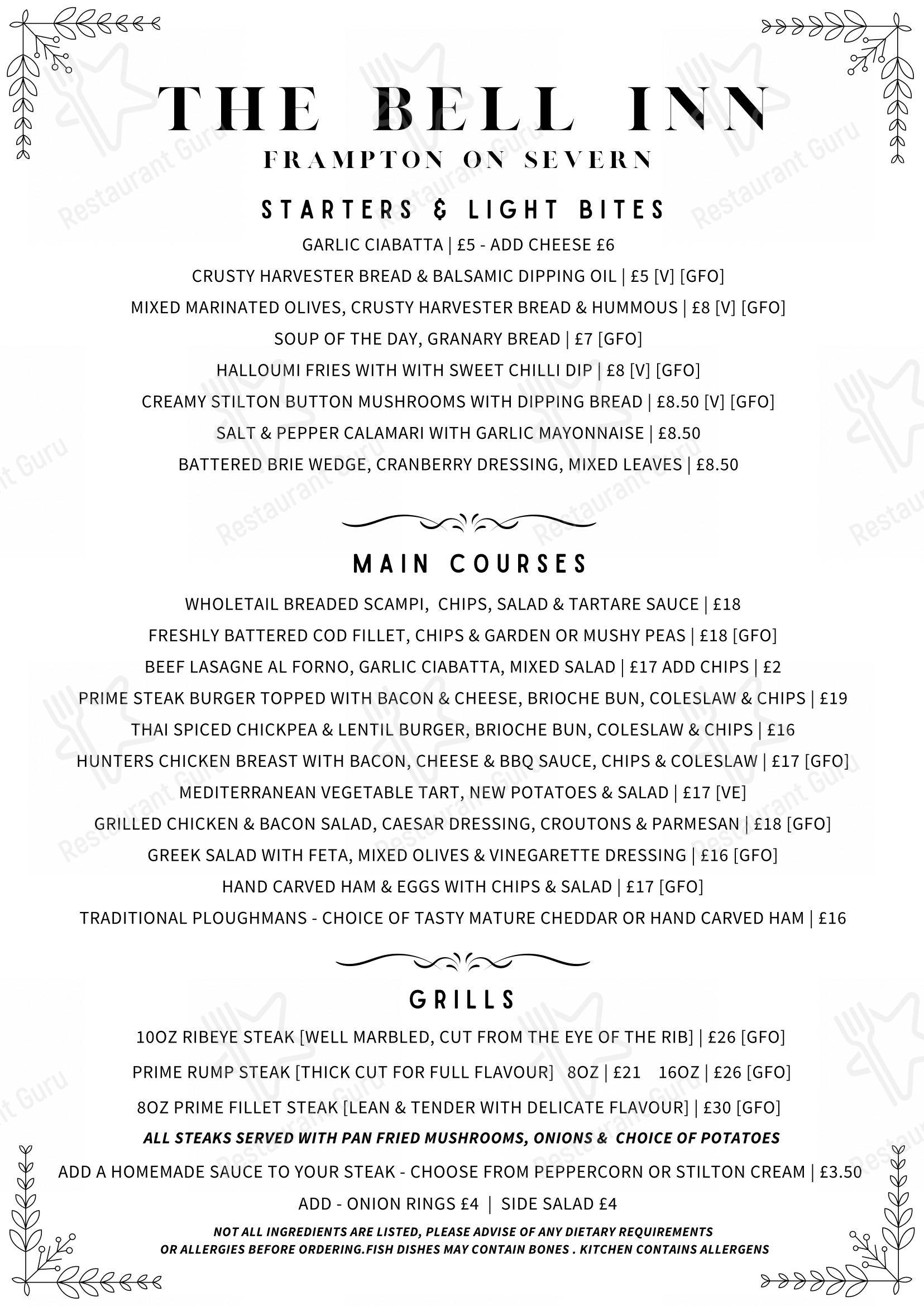 Menu at The Bell Inn, Frampton pub & bar, Frampton on Severn
