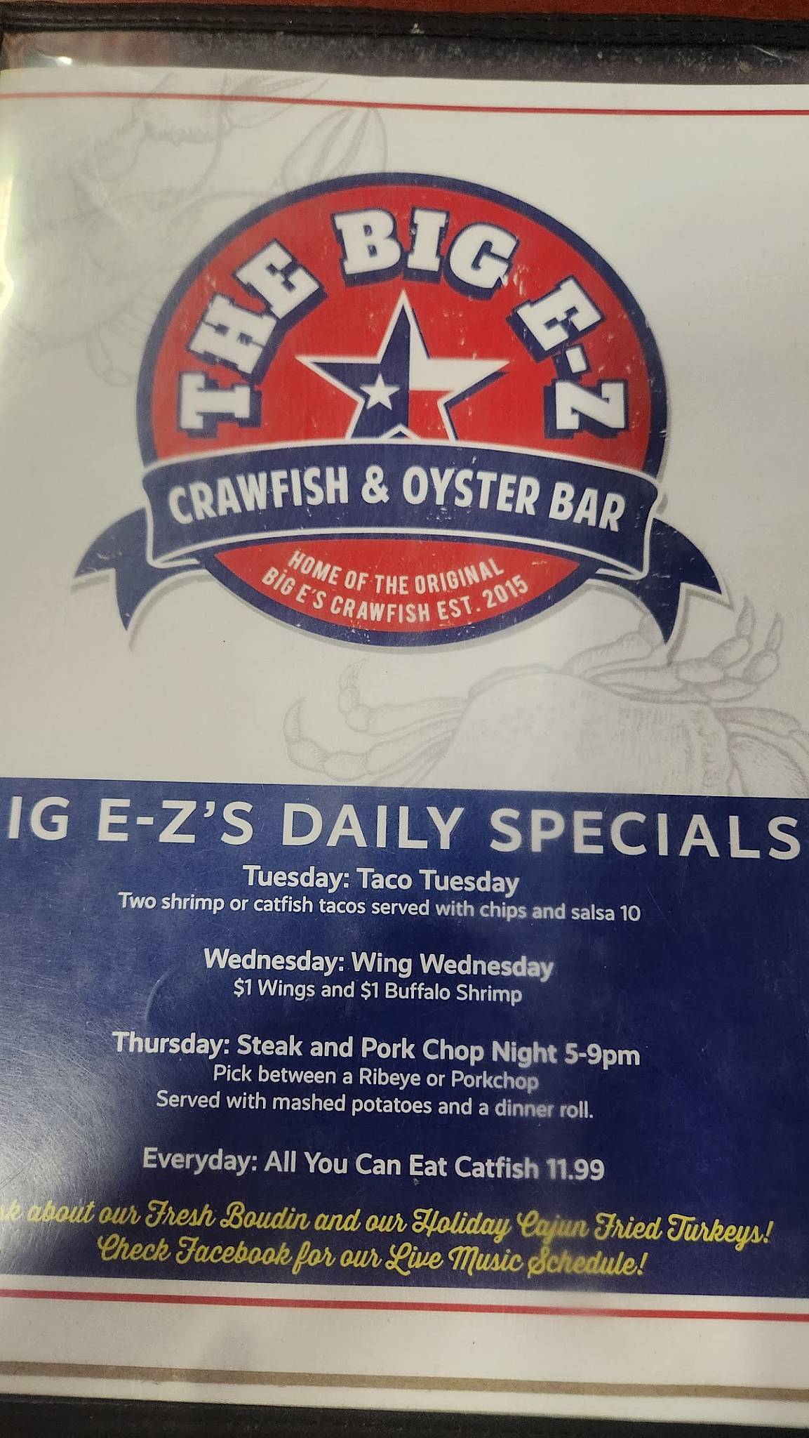 Menu at The Big E-Z Crawfish & Oyster Bar, Huntsville