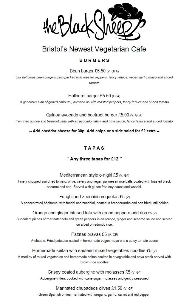 Menu at The Black Sheep cafe, Bristol, 61 Gloucester Rd
