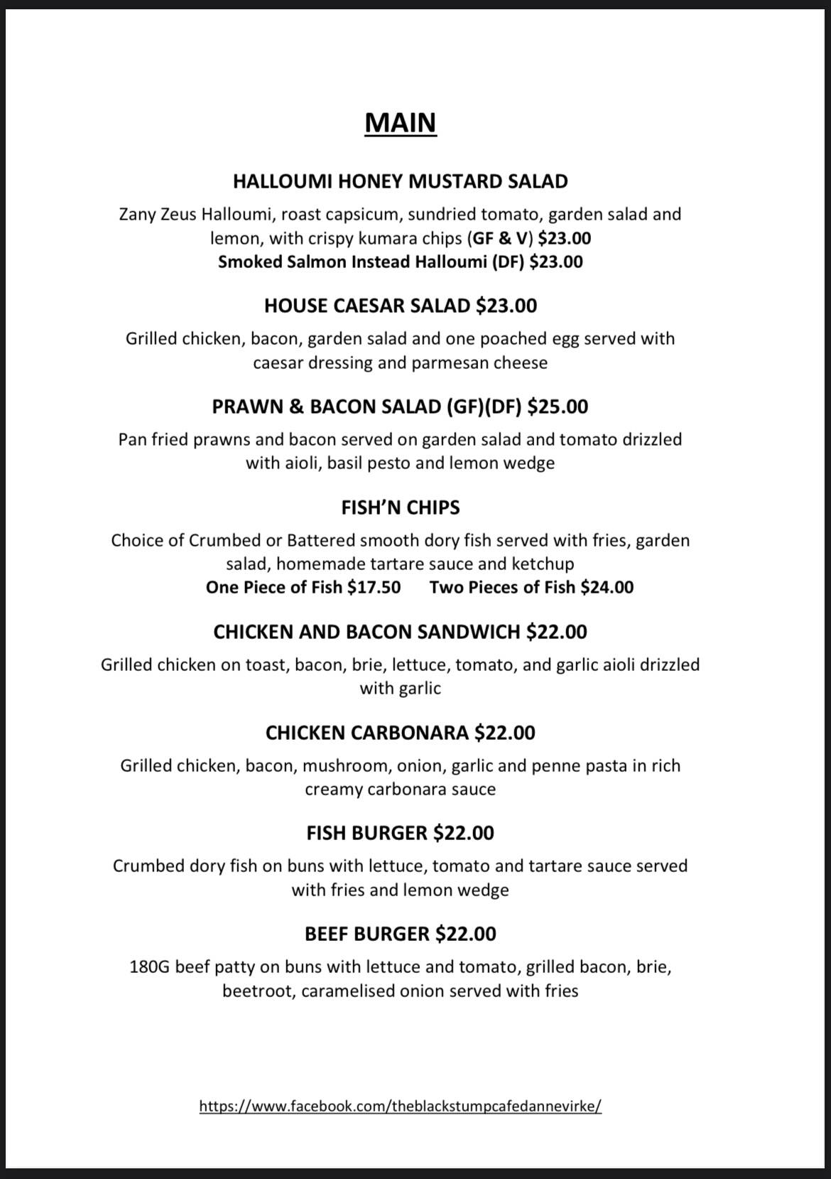 Menu at The Black Stump Cafe, Dannevirke